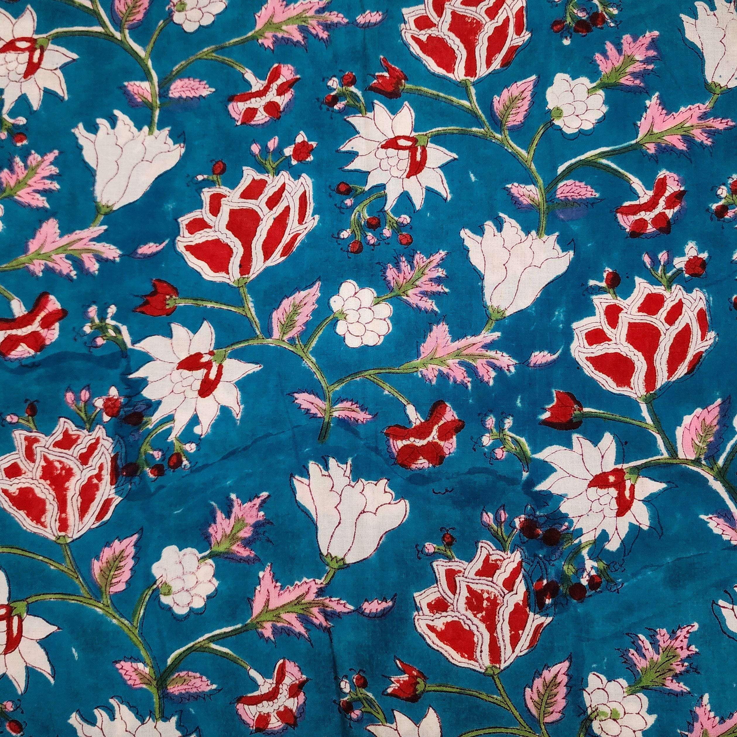 Pure Cotton Jaipuri Blue With White And Red Flower Jaal Hand Block Pri ...