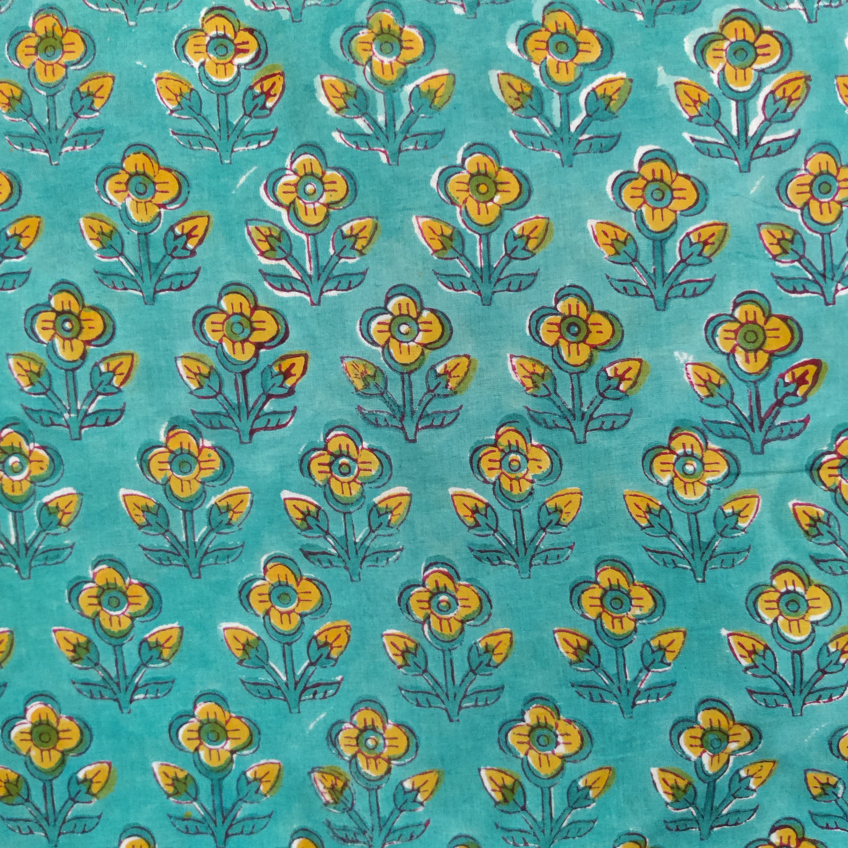 Pure Cotton Jaipuri Blue With Yellow Flower Plant Motif Hand Block Pri ...