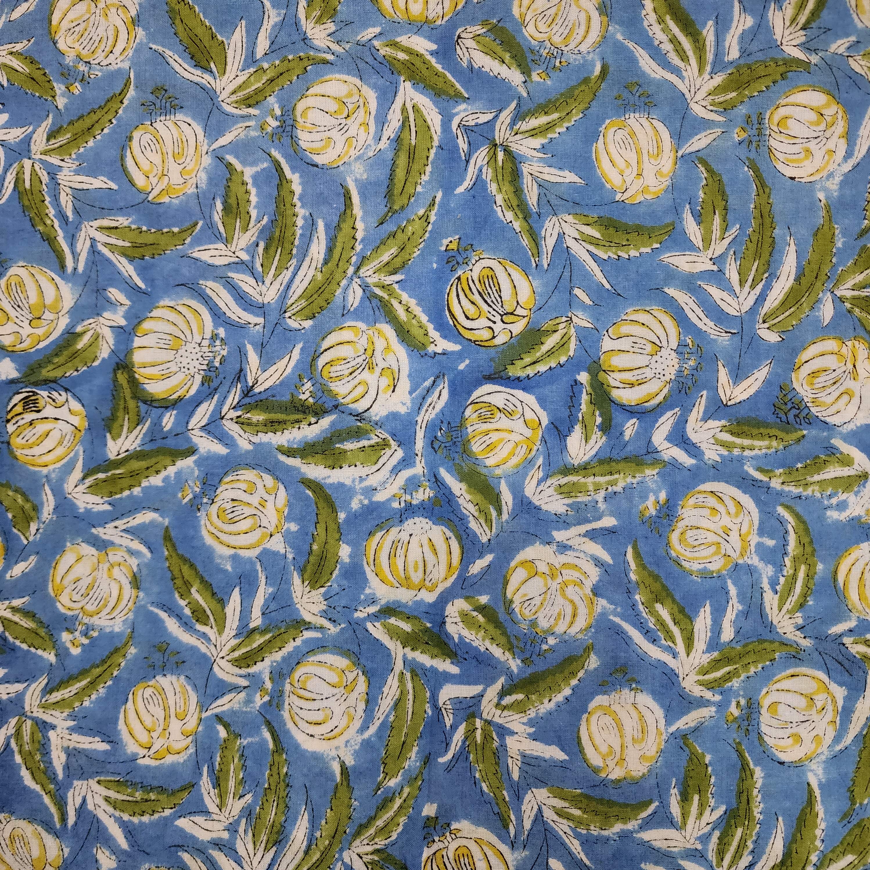 Pure Cotton Jaipuri Blue With Yellow Poppy Jaal Hand Block Print Fabri ...