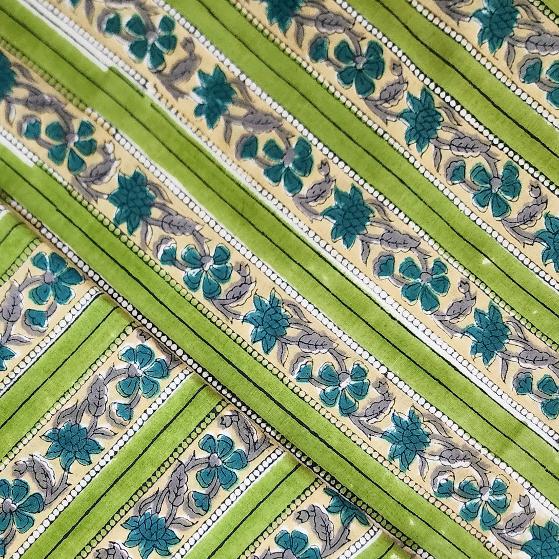 Pure Cotton Jaipuri Green Border Creeper Hand Block Print Fabric – Sanskruti