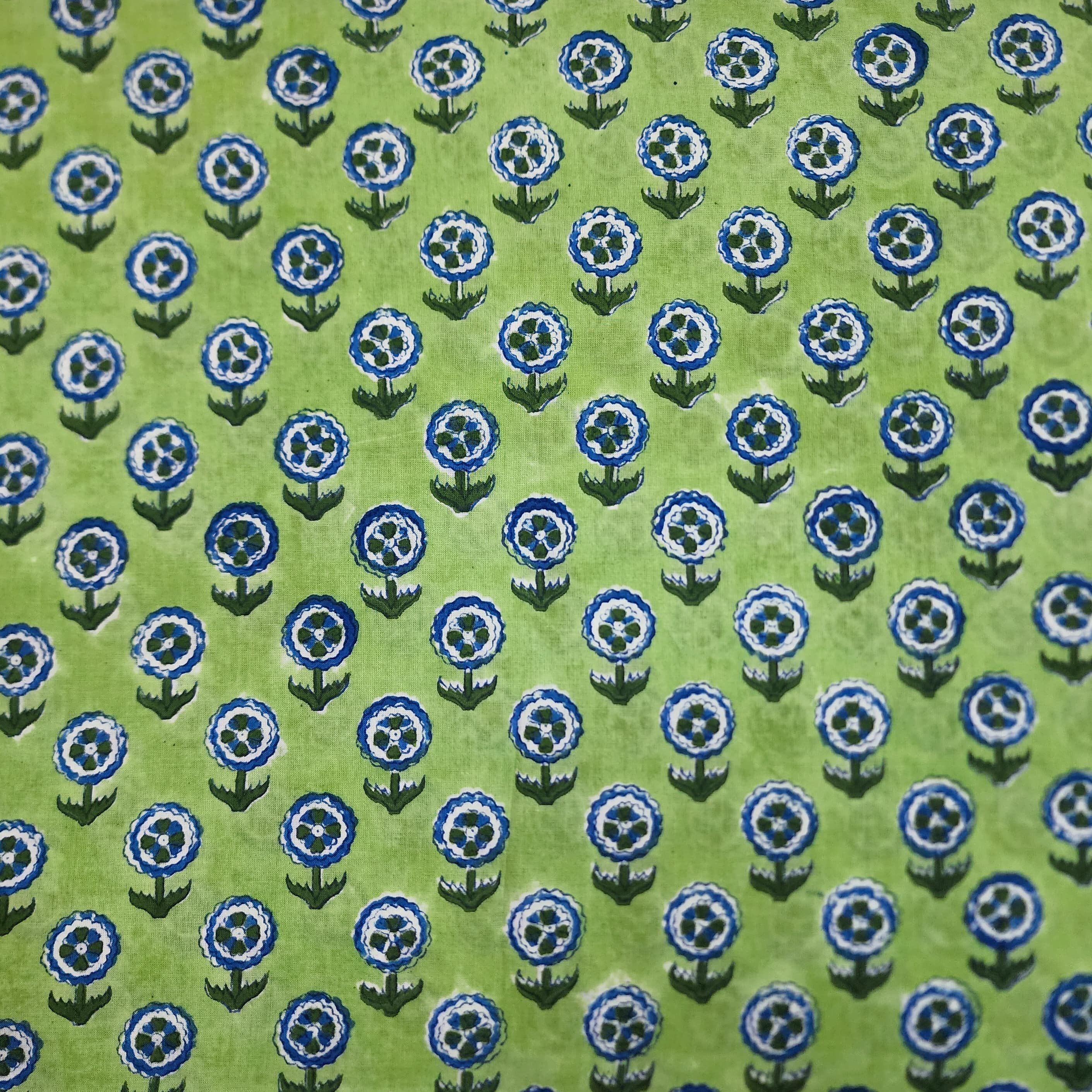 Pure Cotton Jaipuri Green With Blue Small Flower Bud Motifs Hand Bock ...