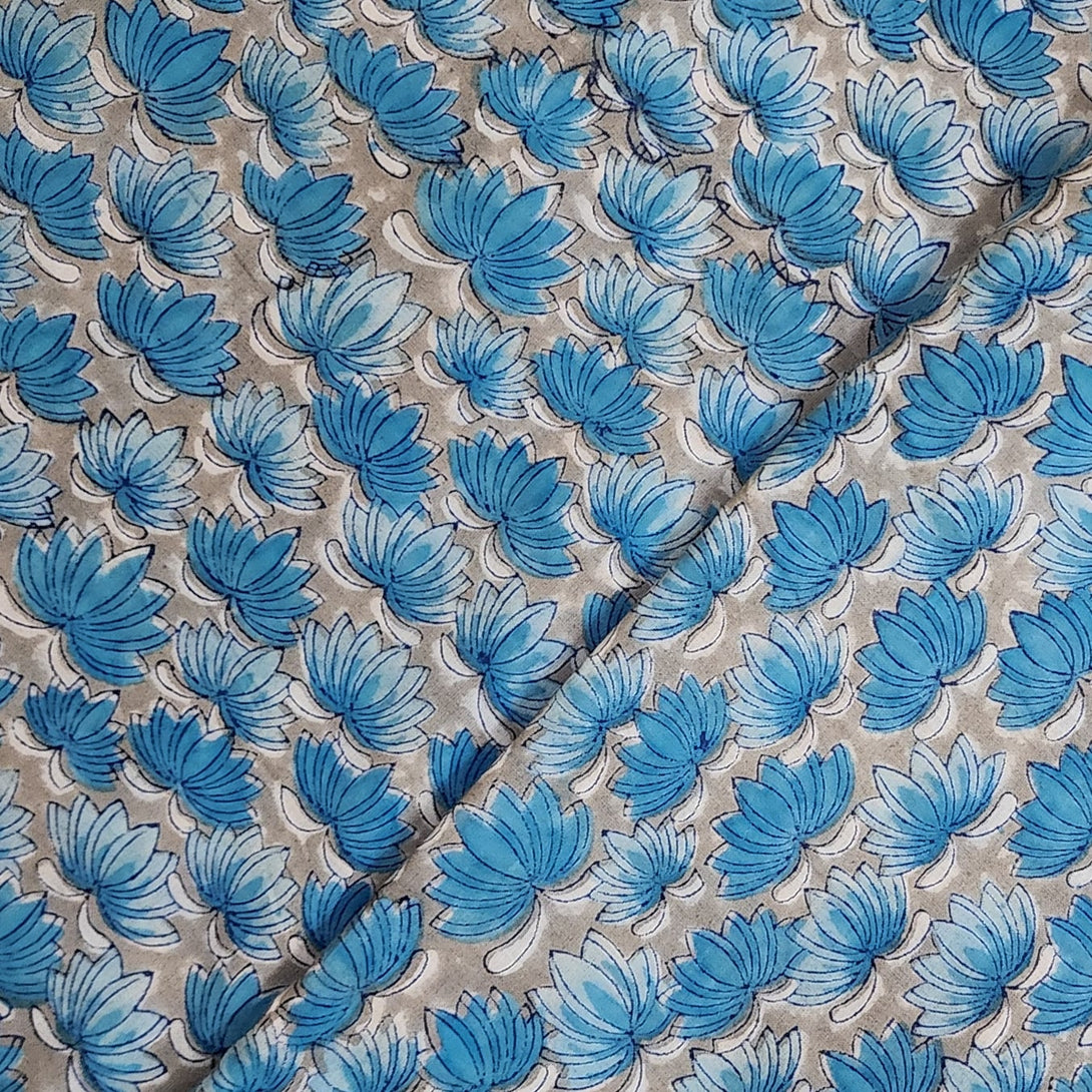 Pure Cotton Jaipuri Grey With Blue Lotus Motifs Hand Block Print Fabri ...