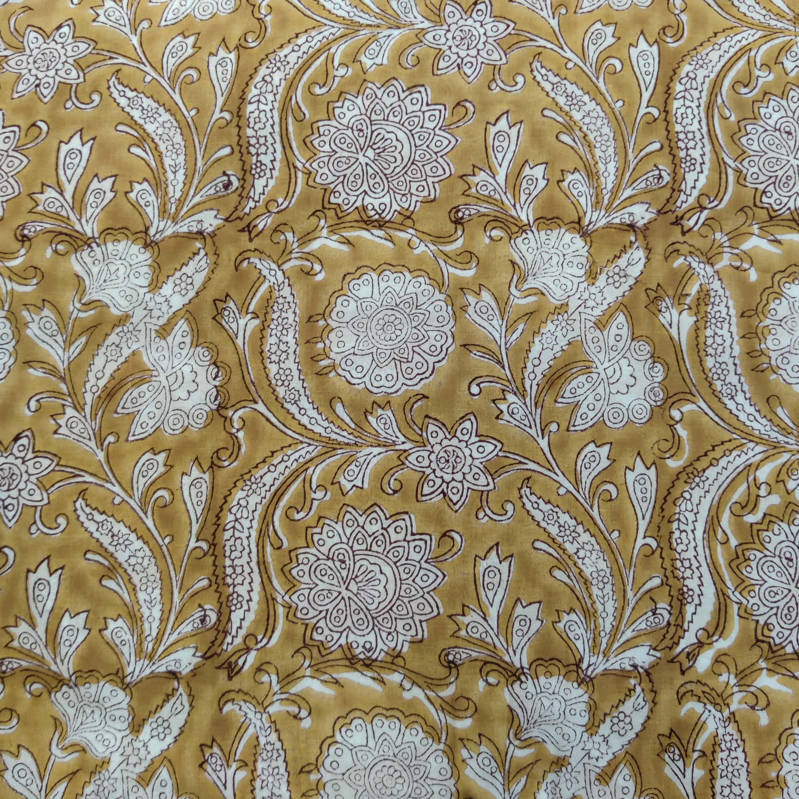 Pre-Cut 1.70 Meter Pure Cotton Jaipuri Mustard With Foral Jaal Hand Bl ...