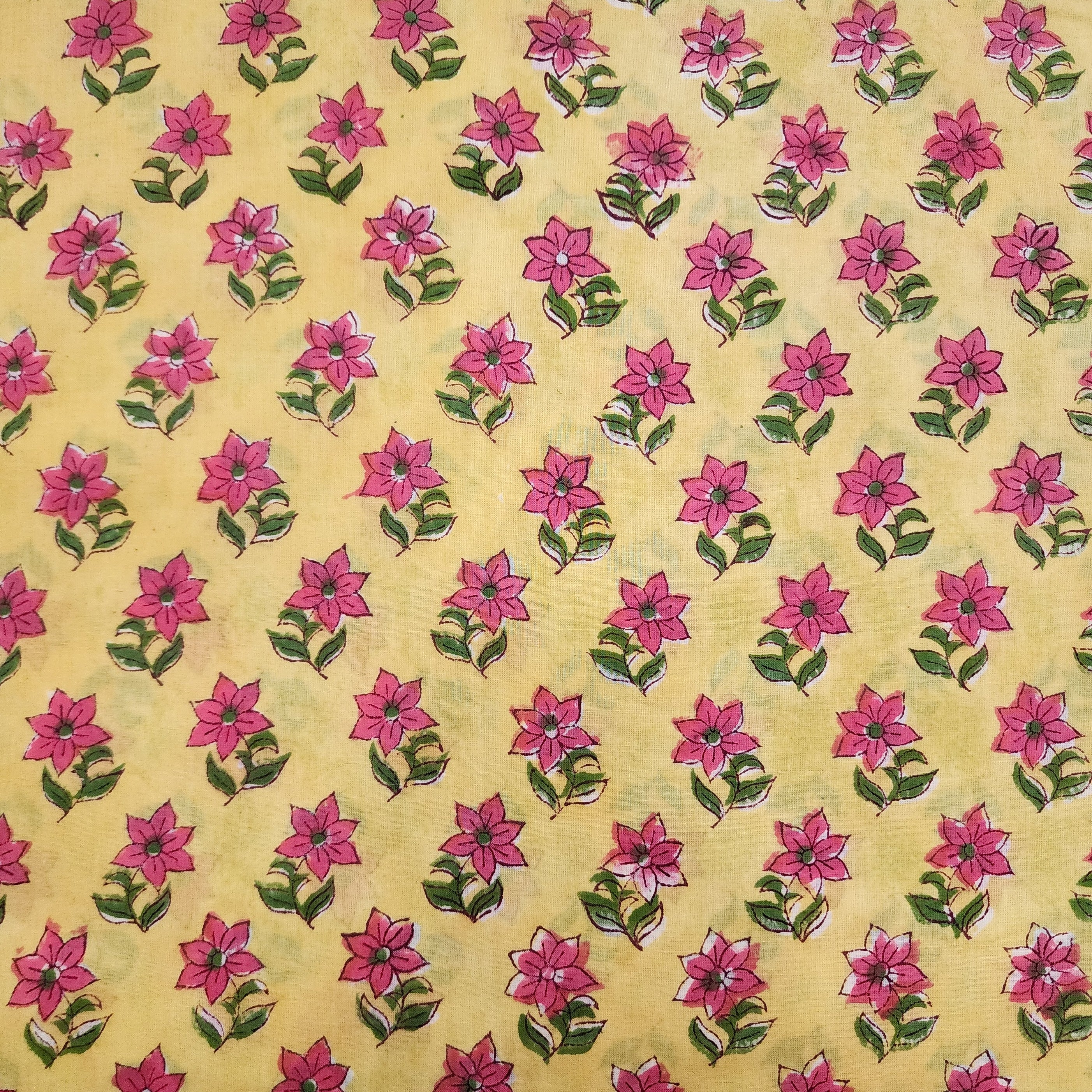 Pure Cotton Jaipuri Mustard With Pink Flower Motif Hand Block Print Fa ...