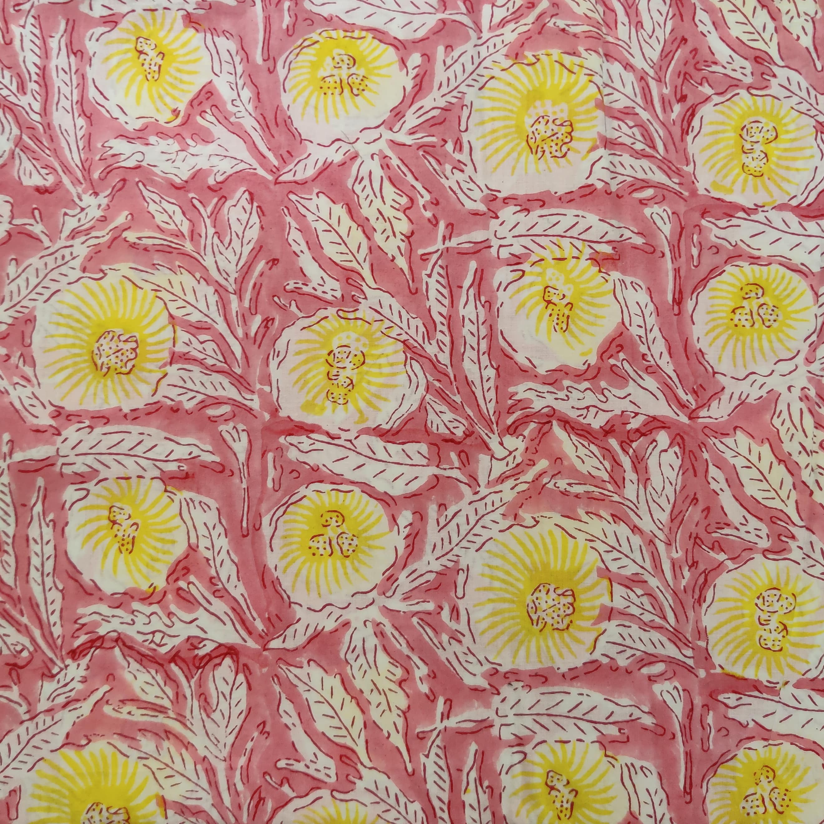 Pure Cotton Jaipuri Peach Shrub With Yelow Flowers Hand Block Print Fa ...