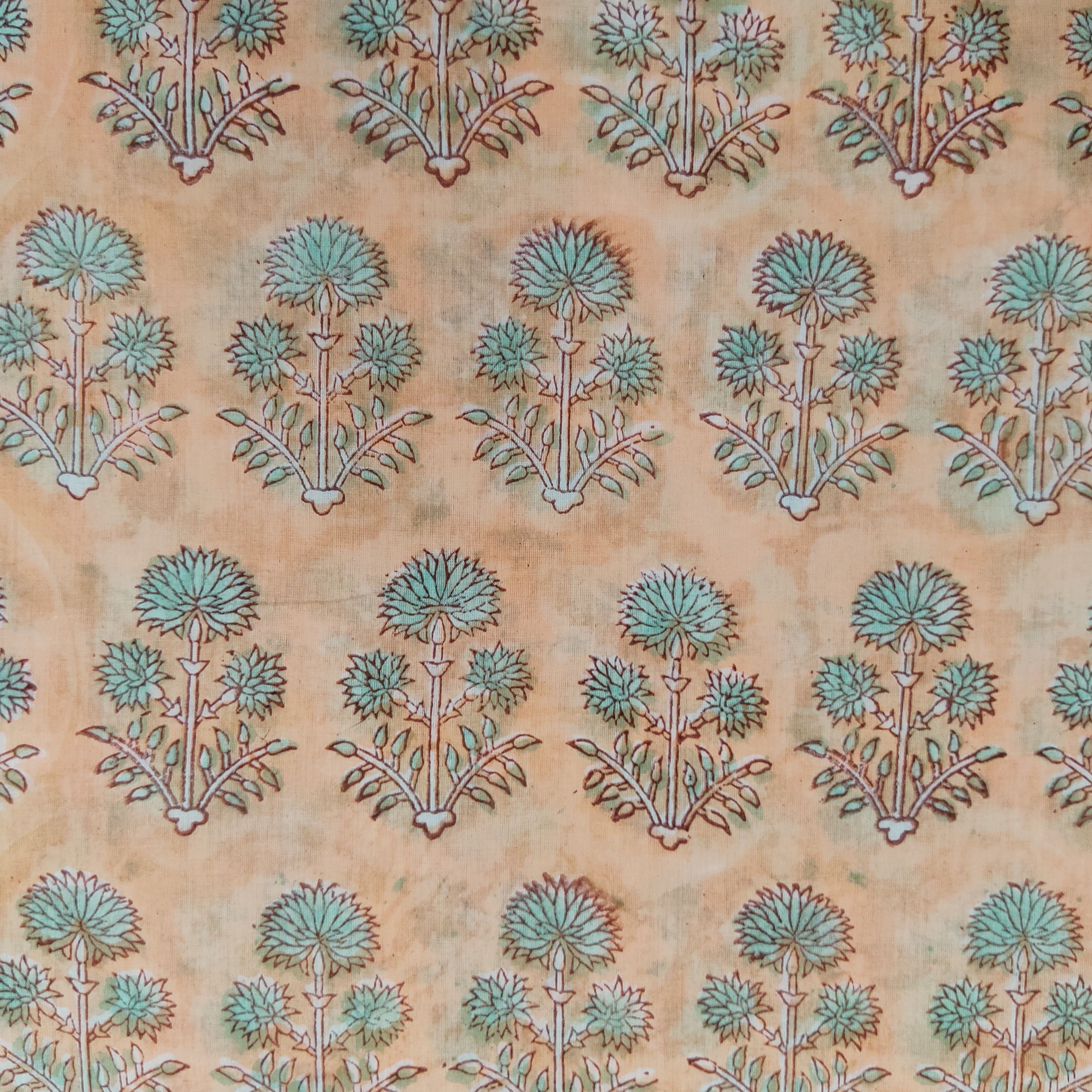Pure Cotton Jaipuri Peach With Lght Blue Plant Motif Hand Block Print ...
