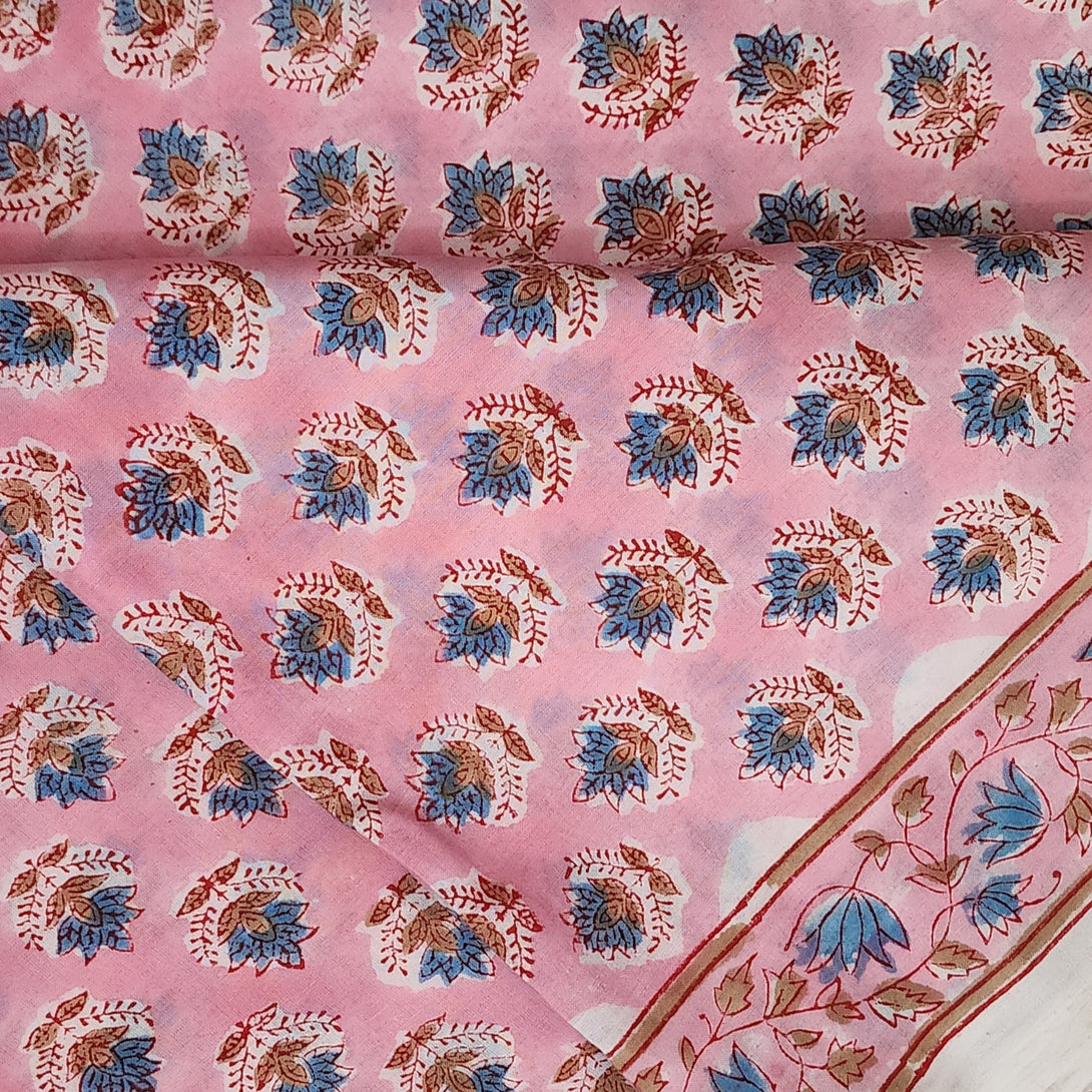 Pure Cotton Jaipuri Pink With Blue Floral Motifs Hand Block Print Fabr ...