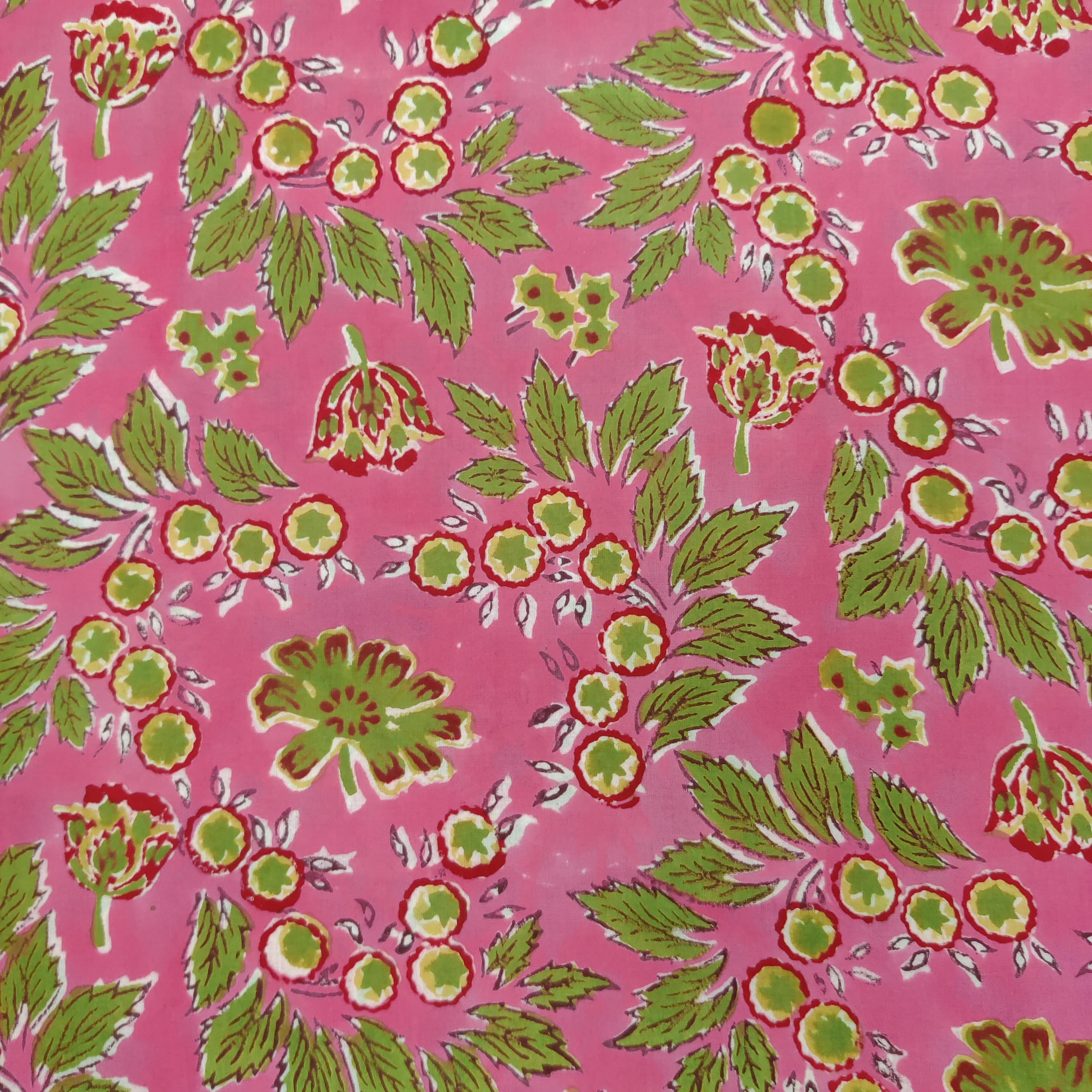 Pure Cotton Jaipuri Pink With Green Wild Berries Hand Block Print Fabr ...