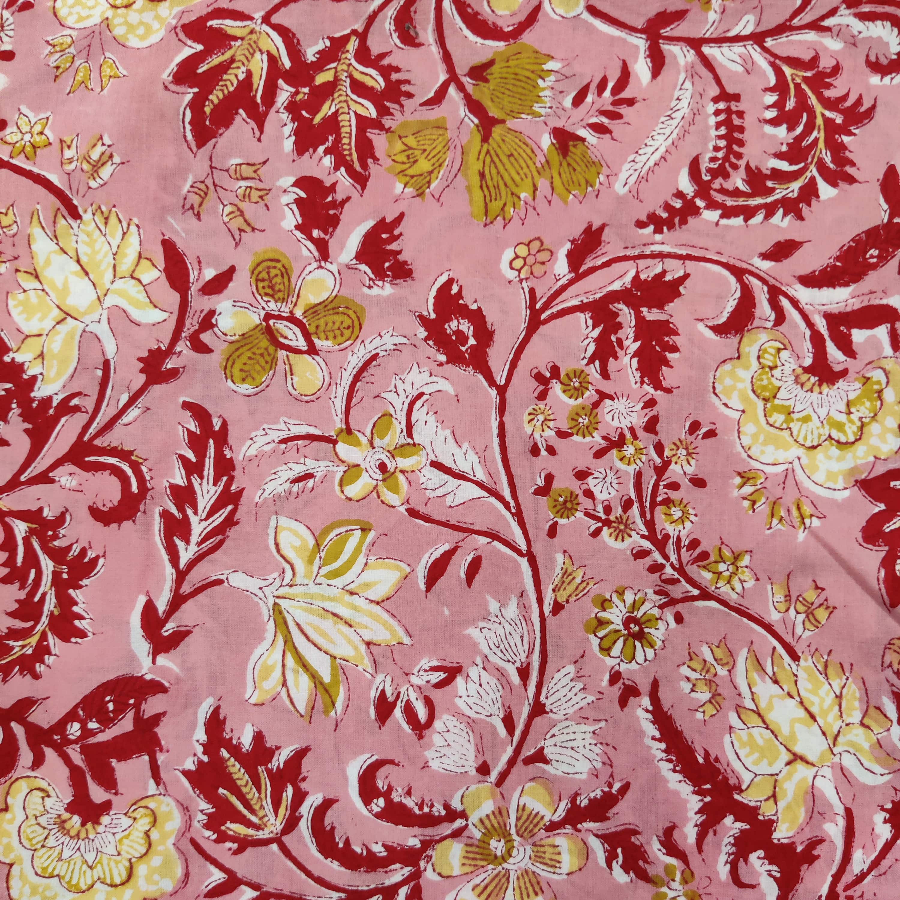 Pure Cotton Jaipuri Pink With Mustard And Maroon Jaal Hand Block Print ...