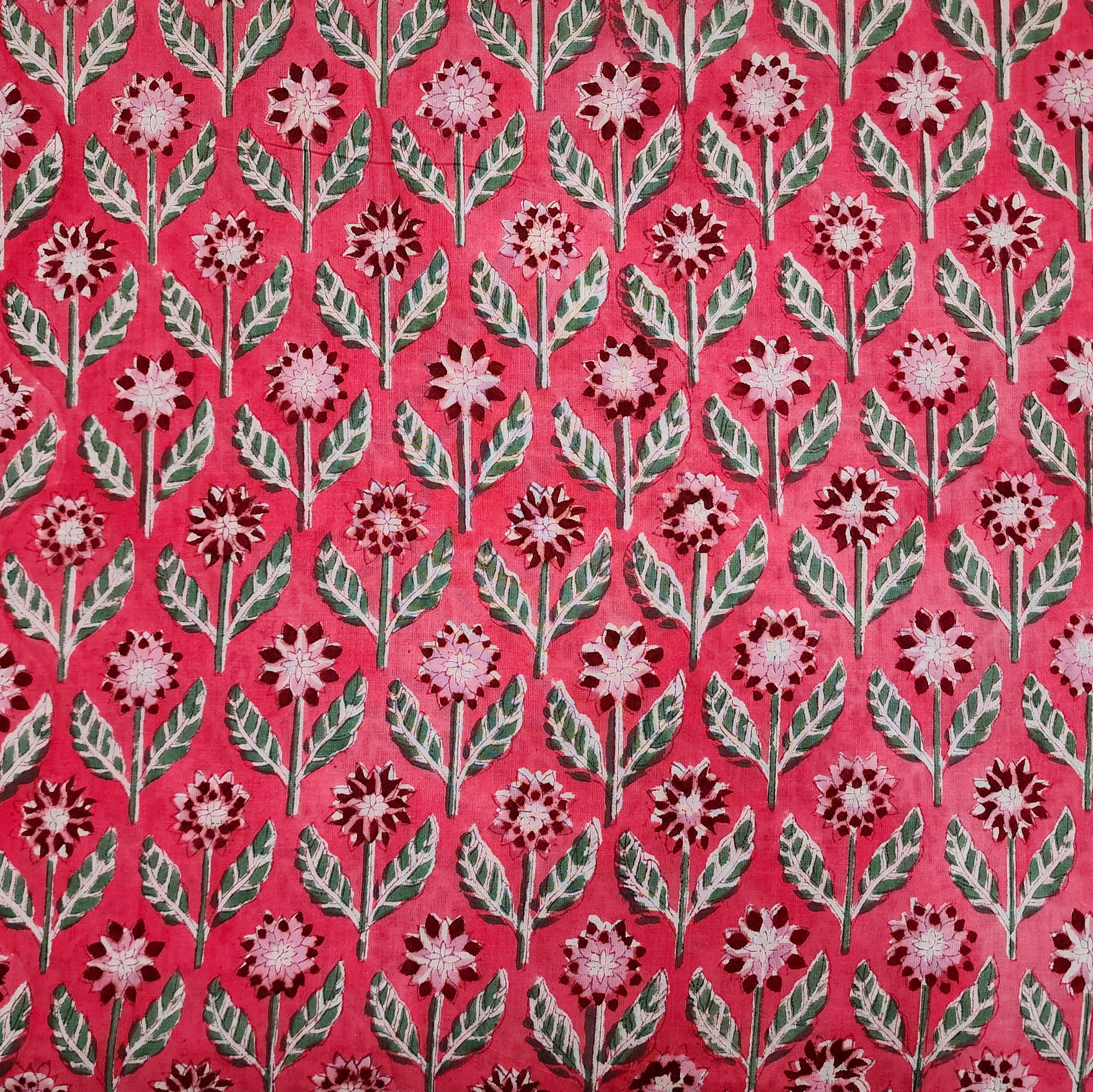 Pure Cotton Jaipuri Pink With Red And Green Flower Motis Hand Block Pr ...