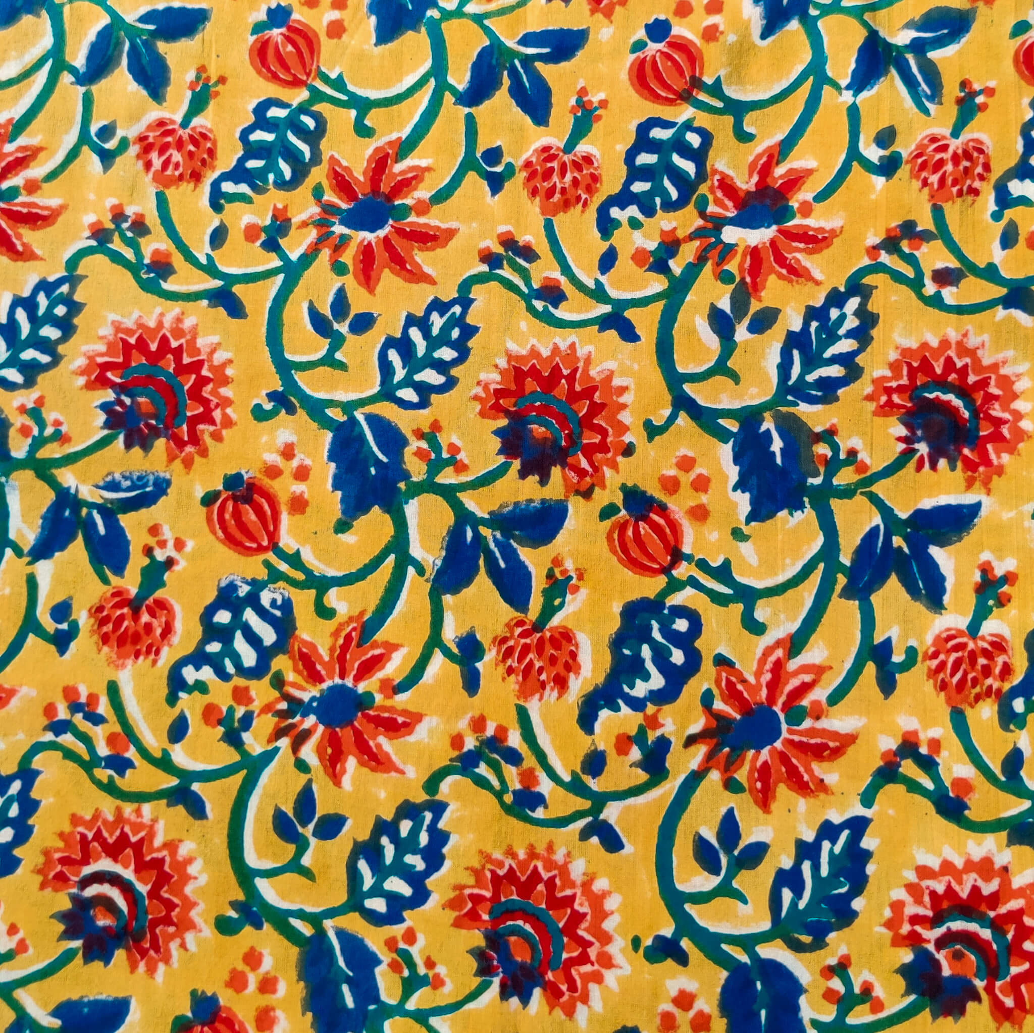 Pure Cotton Jaipuri Sandy Mustard With Blue Orange And Red Flower Jaal ...