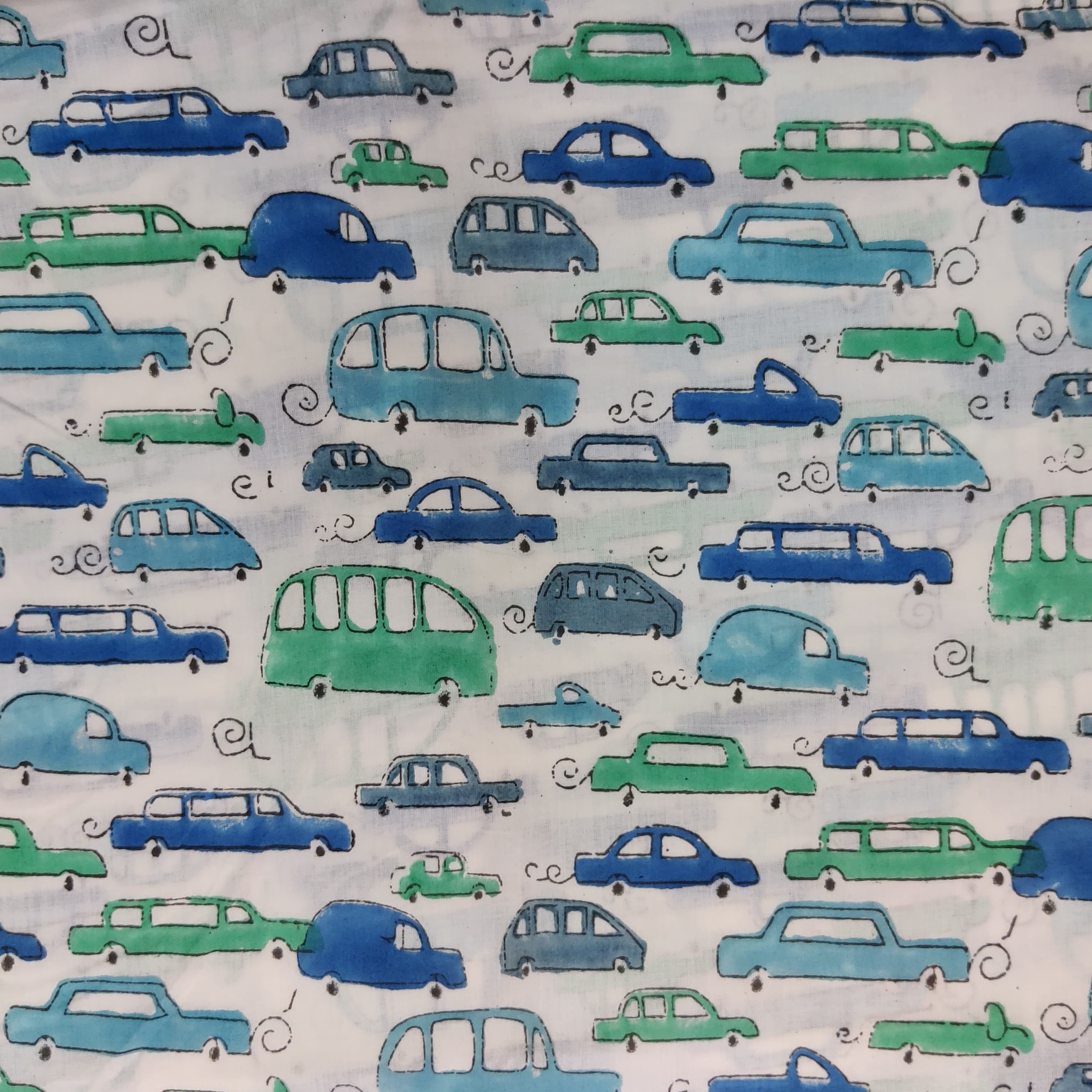 Pure Cotton Jaipuri Shades Of Green Blue Cars Hand Block Print Fabric ...