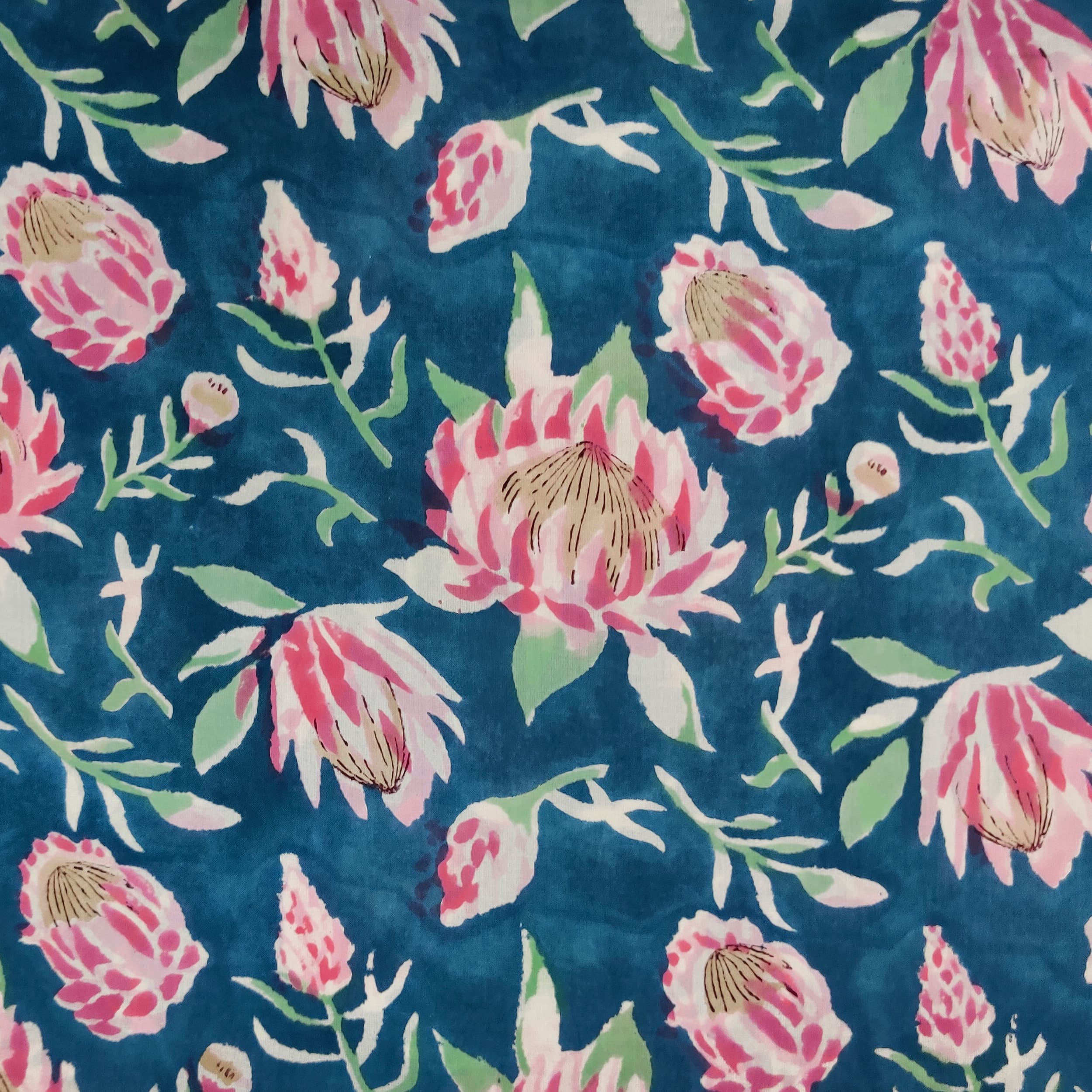 Pure Cotton Jaipuri Teal With Shades Of Pink Big Flower Hand Block Pri ...