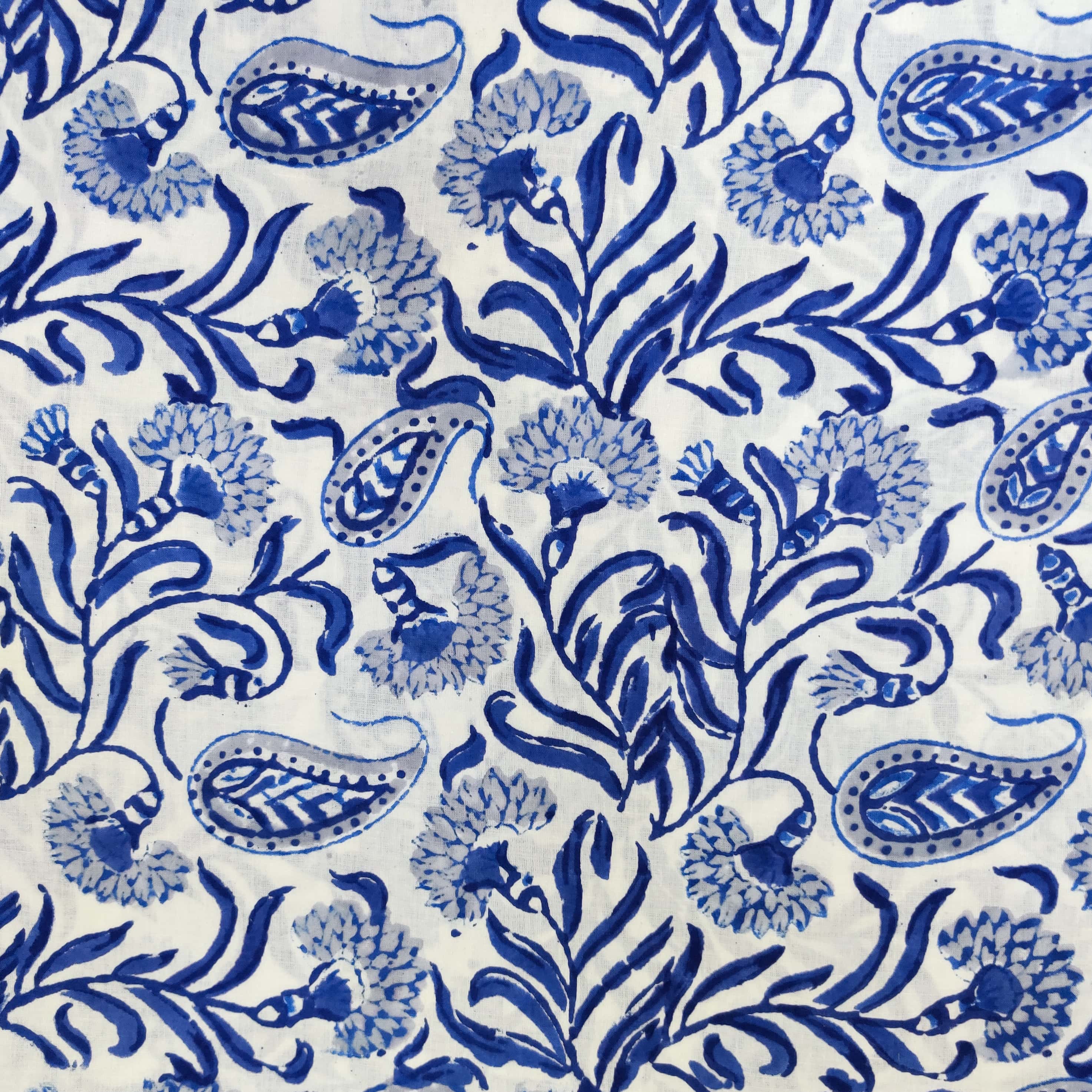 Pure Cotton Jaipuri White With Blue Kairi Jaal Hand Block Print Fabric ...