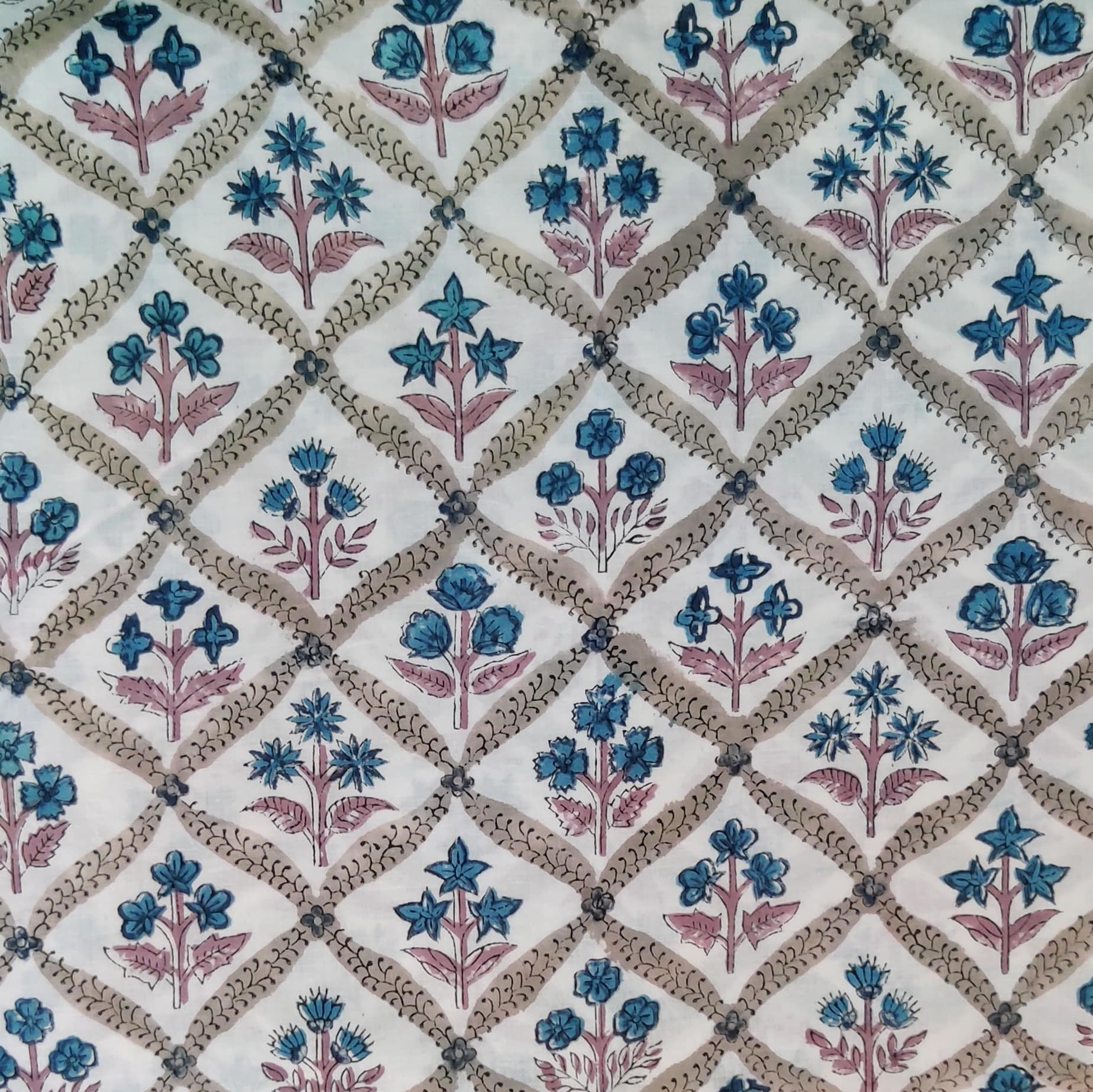 Pure Cotton Jaipuri White With Brown Jaali And Blue Mauve Tiny Flowers ...
