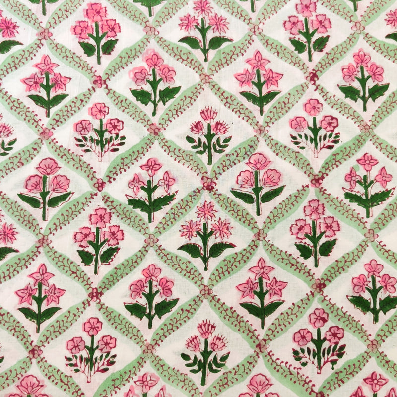 Pure Cotton Jaipuri White With Green Jaali And Pink Tiny Flowers In Be ...