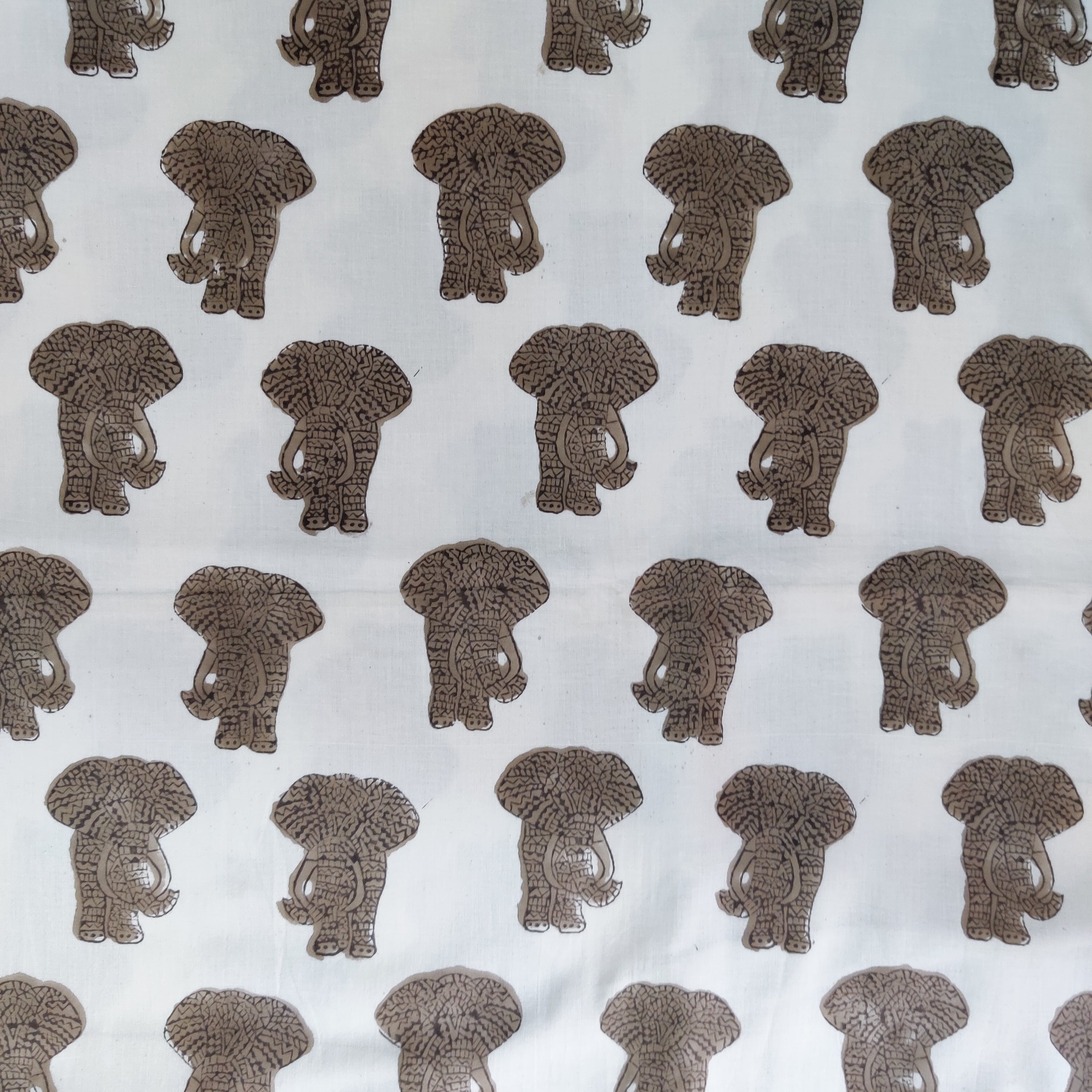 Pure Cotton Jaipuri White With Grey Brown Elephants Hand Block Print F ...
