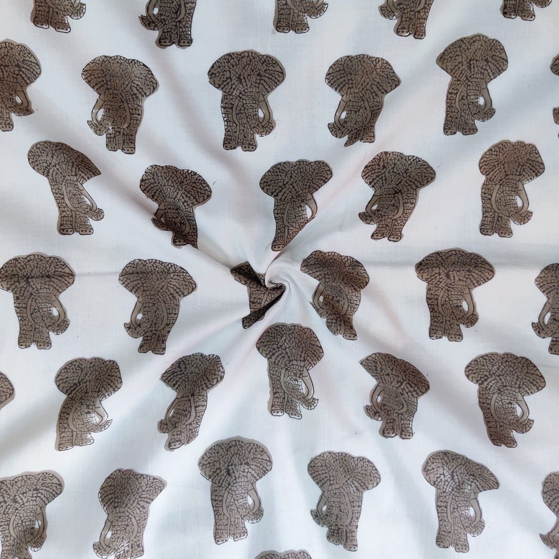 Pure Cotton Jaipuri White With Grey Brown Elephants Hand Block Print F ...