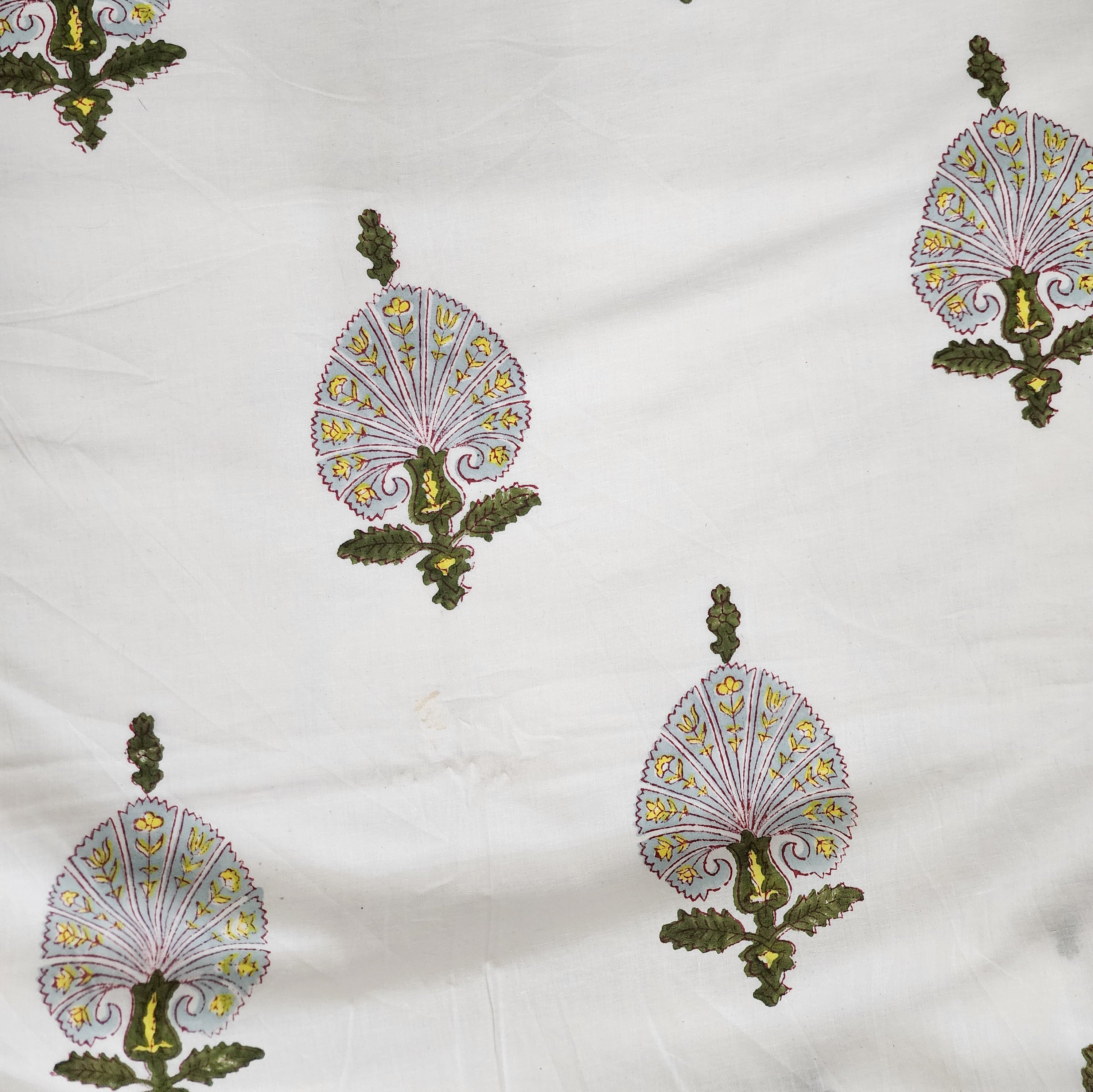 Pure Cotton Jaipuri White With Grey Green Mughal Spaced Out Motifs Han ...