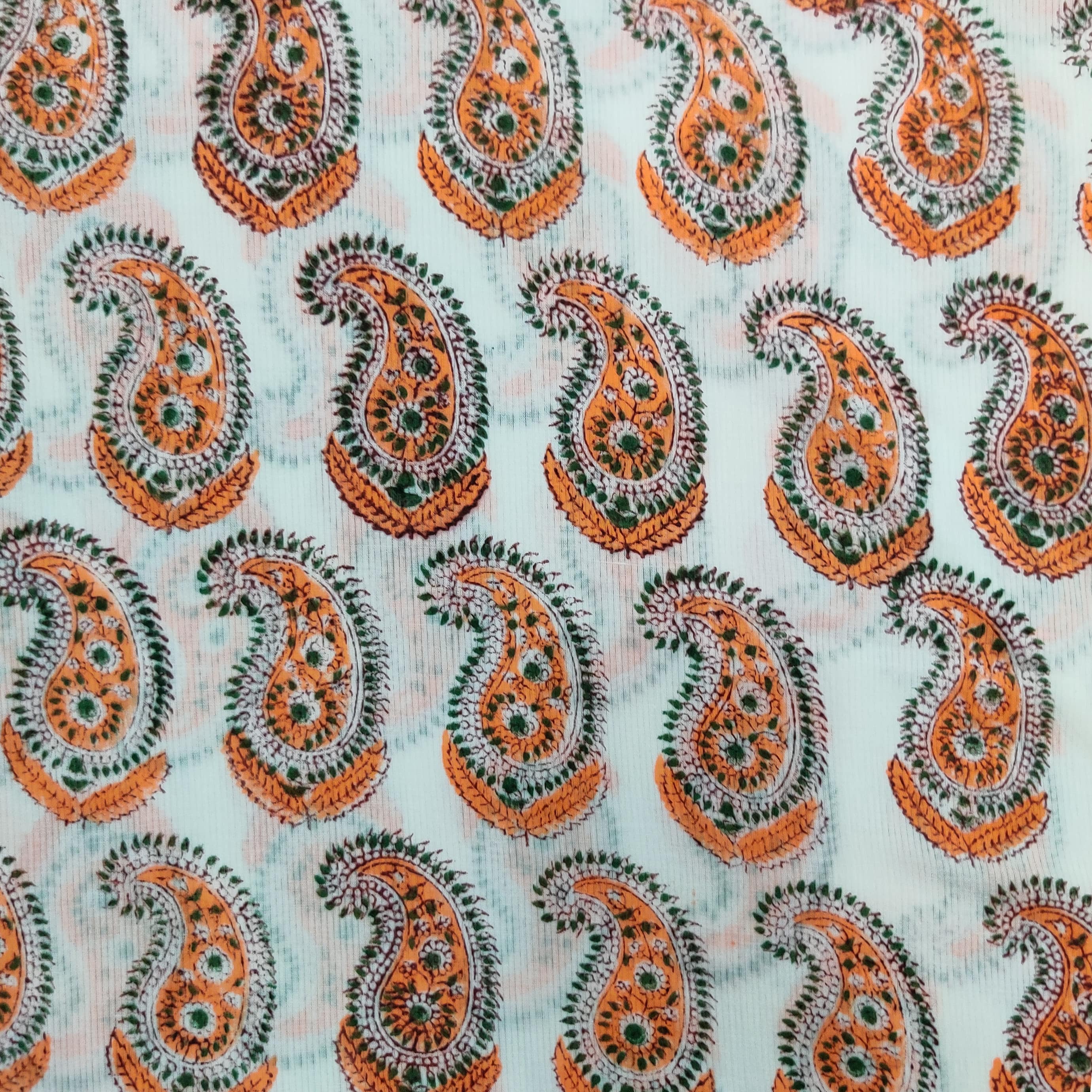 Pure Cotton Jaipuri White With Orange Intricate Kairi Motifs Hand Bloc ...