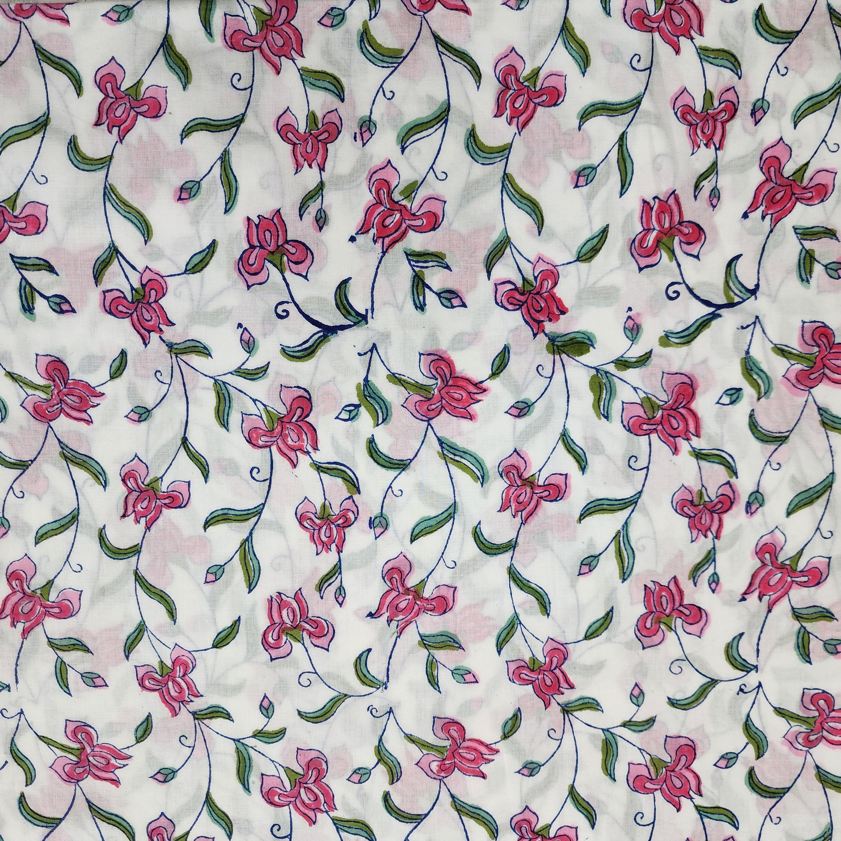 Pure Cotton Jaipuri White With Pink Small Flower Jaal Hand Block Print ...