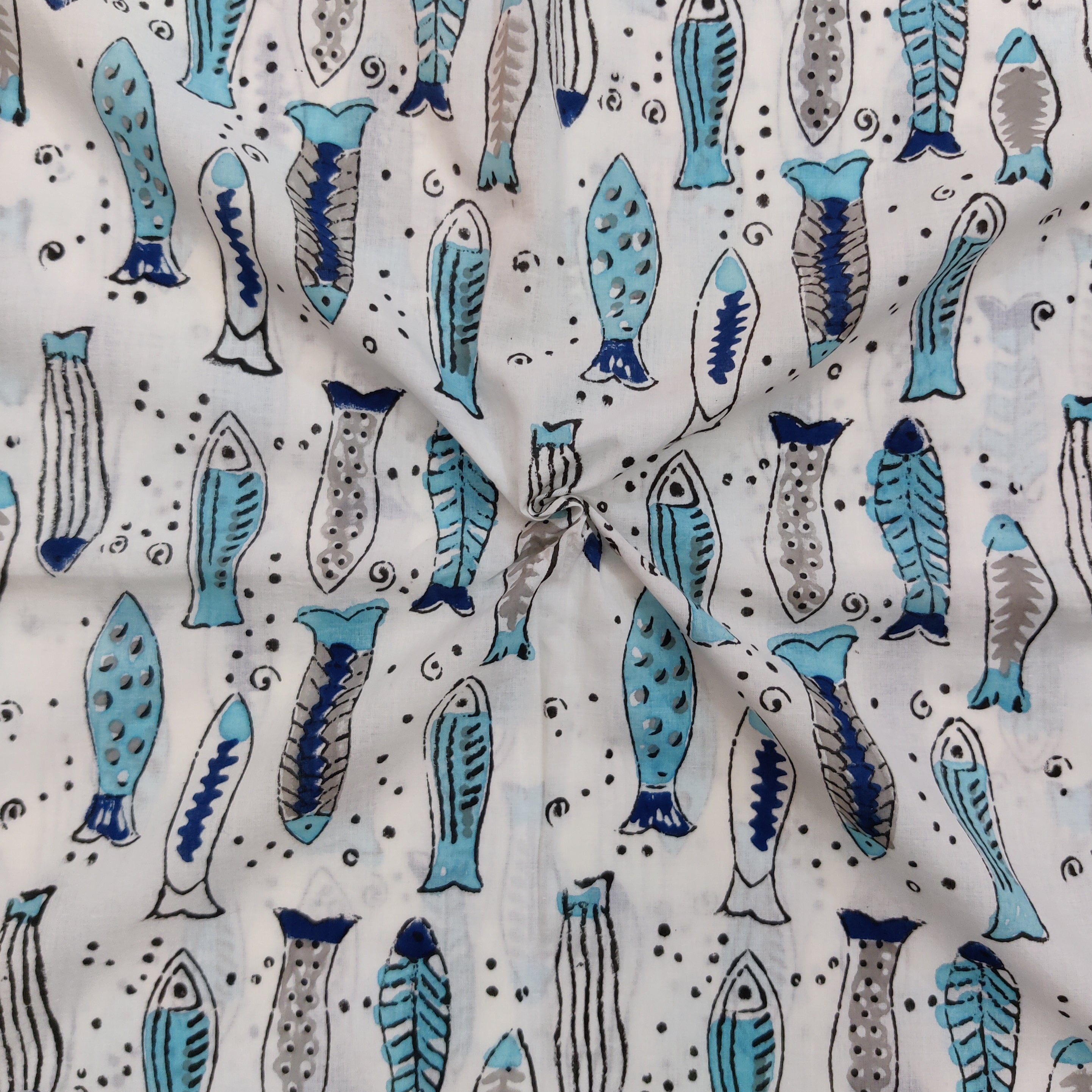 Pre-cut 2 meter Pure Cotton Jaipuri White With Shades Of Blue Fish Han ...