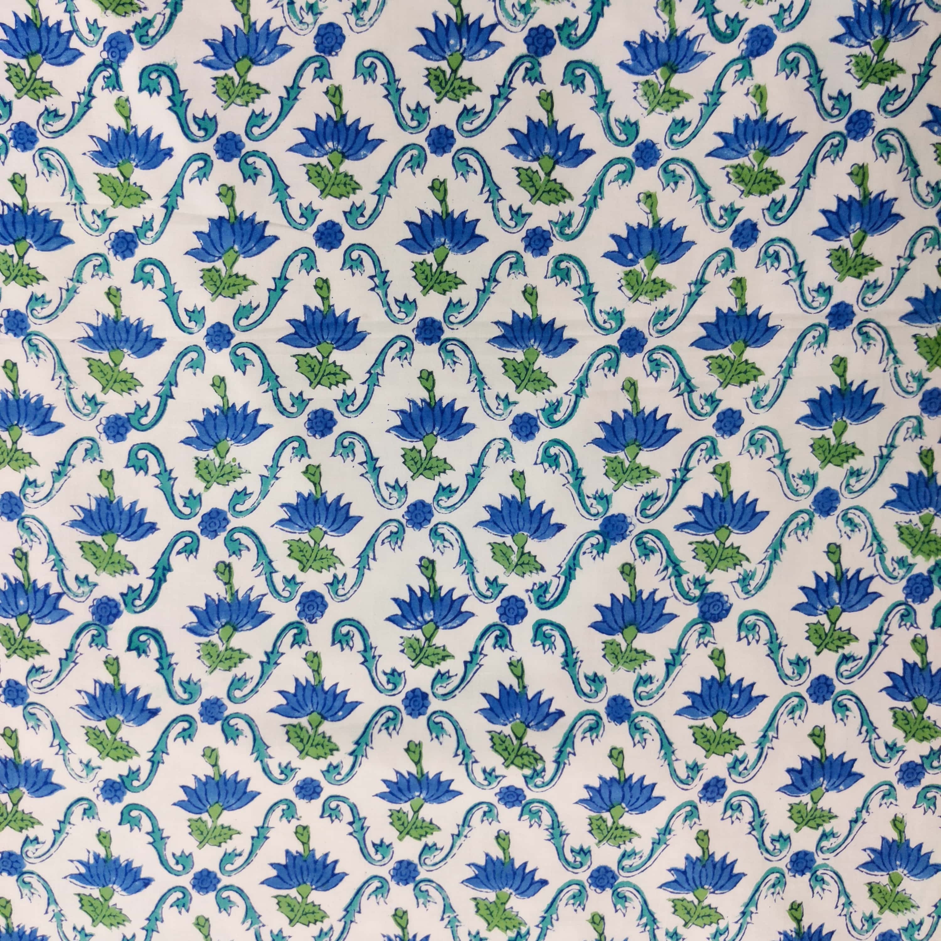 Pure Cotton Jaipuri White With Blue Comb Pattern And Lotus Motif In Be ...