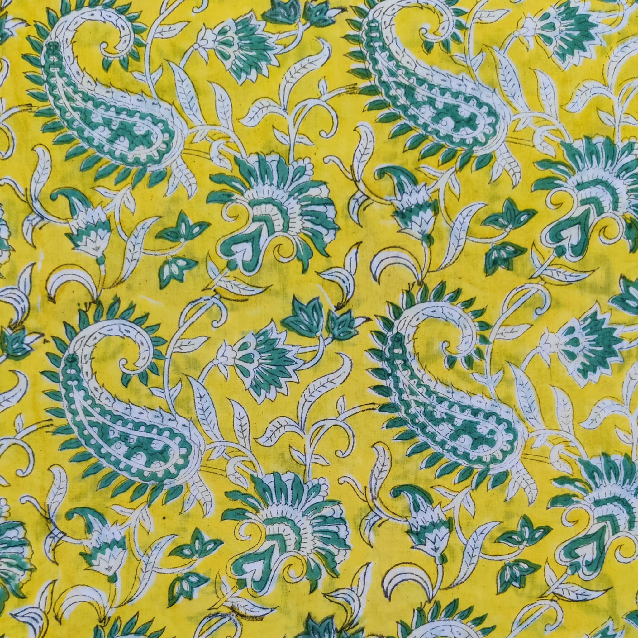 Pure Cotton Jaipuri Yellow With Long Kairi Jaal Hand Block Print Fabri ...