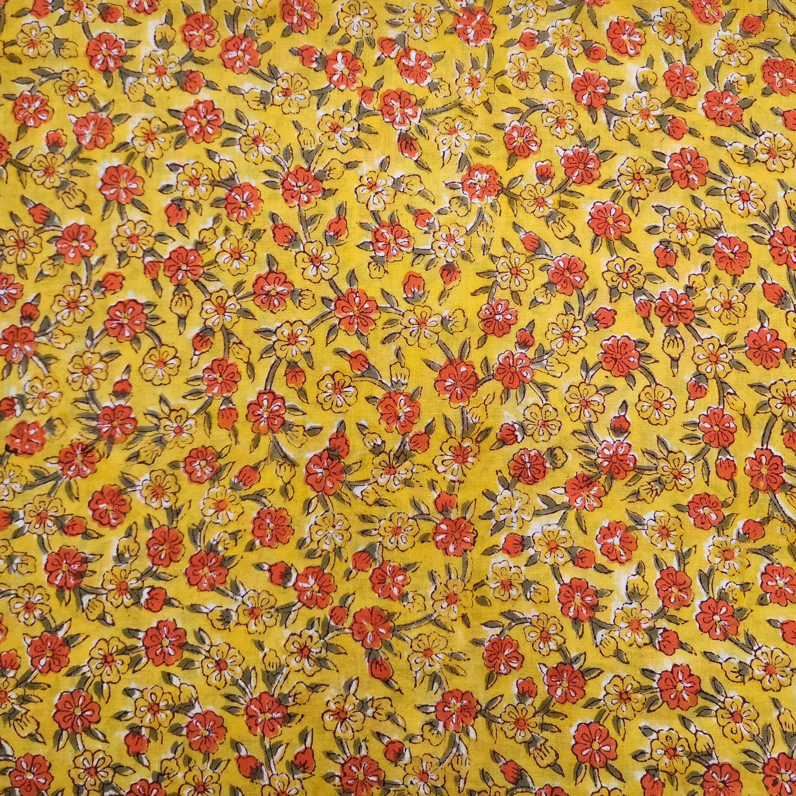 Pure Cotton Jaipuri Yellow With Pink Tiny Flower Jaal Hand Block Print ...