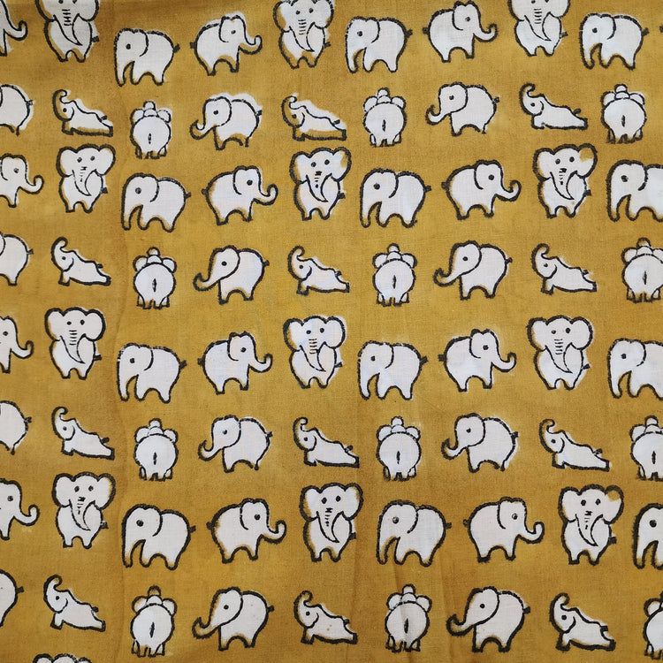 Pure Cotton Jaipuri Yellow With Tiny Baby Elephants Hand Block Print F ...