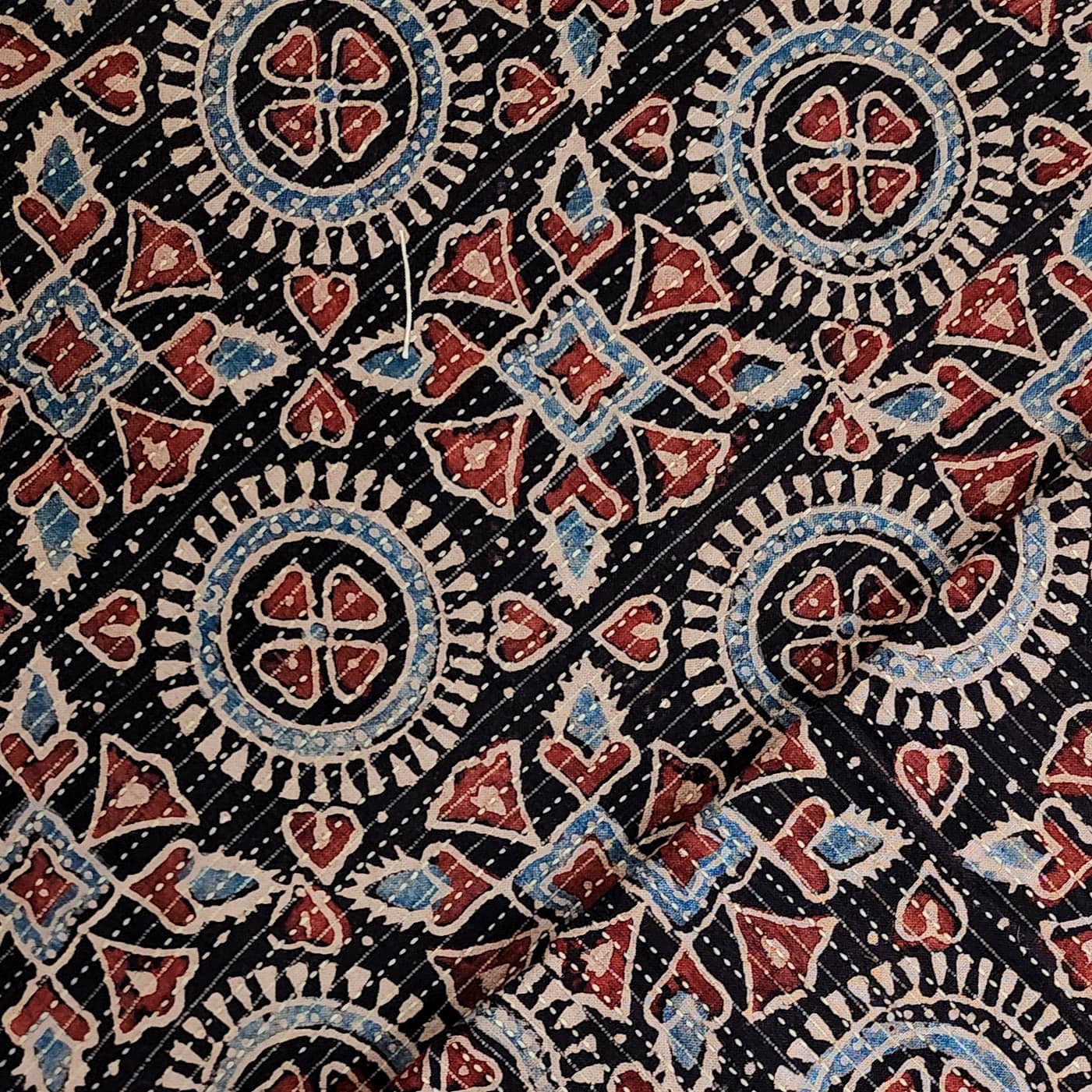 Pure Cotton Kaatha Ajrak Black Geometric Tribal Tiles Hand Block Print ...