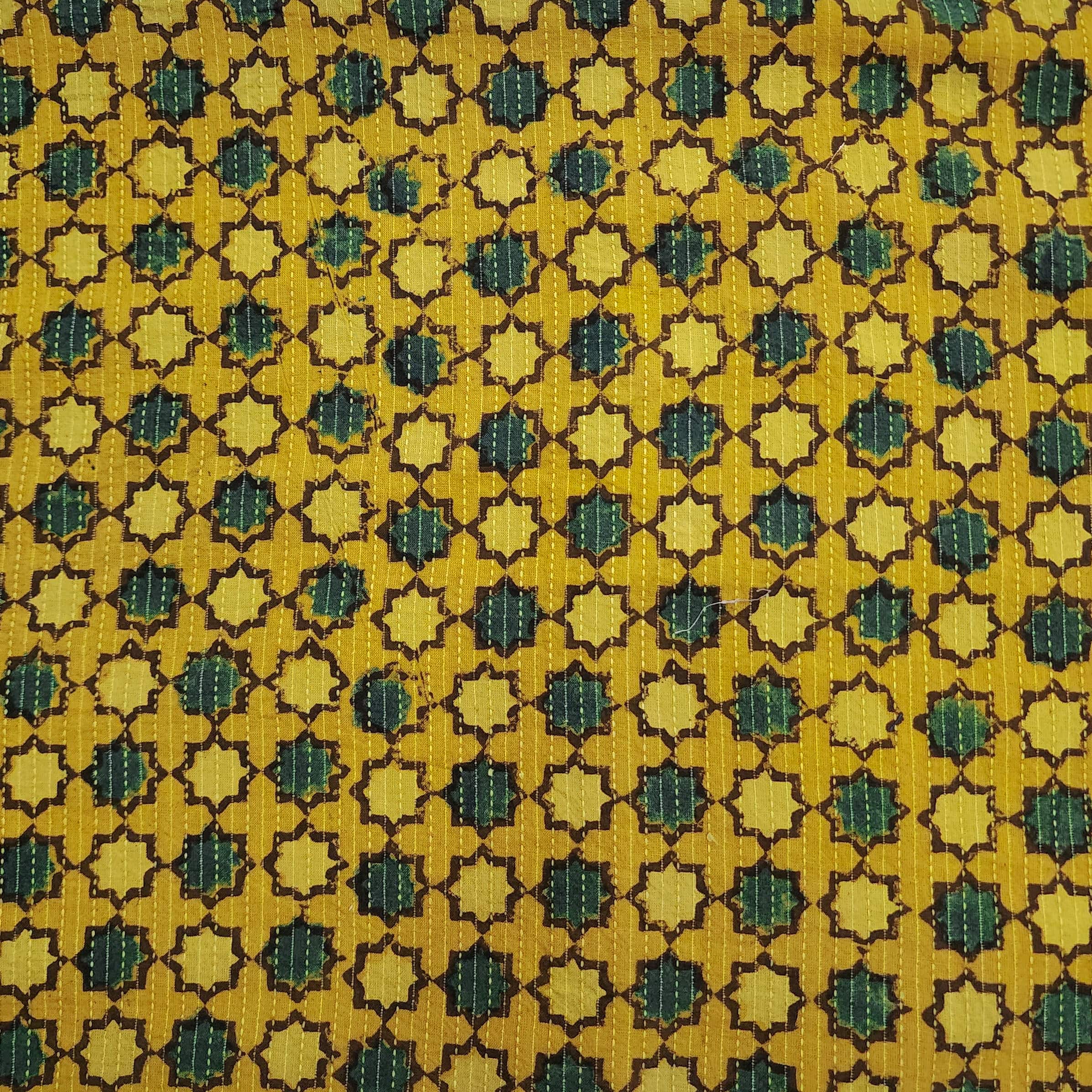 Pure Cotton Kaatha Ajrak Turmeric Dyed All Stars Motif Hand Block Prin ...