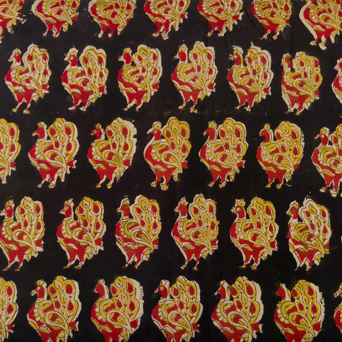 Pure Cotton Kalamkari Dull Black With Mustard Rust Peacock Hand Block ...