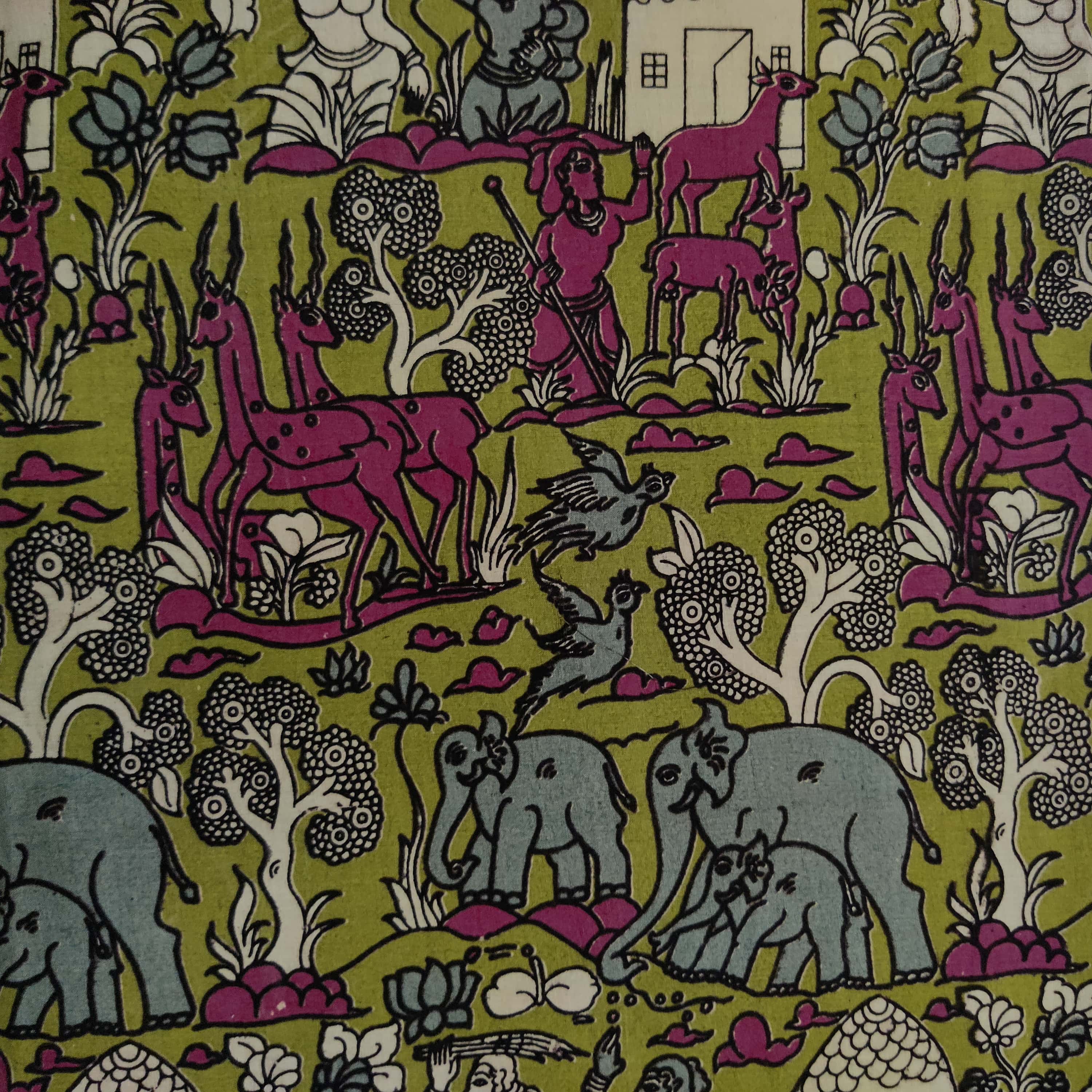 Pure Cotton Kalamkari Green Screen Print With Jungle Fabric – Sanskruti