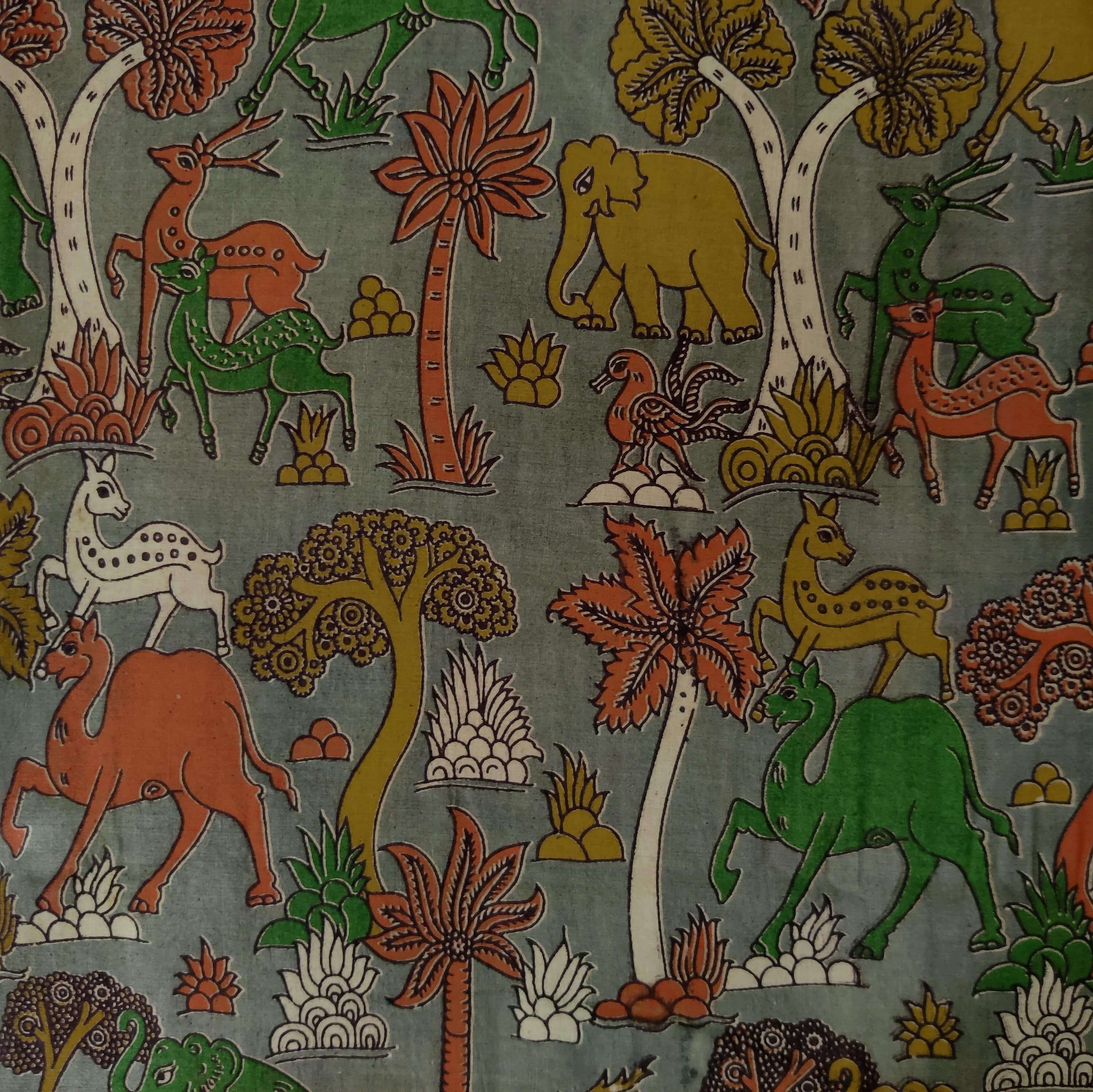 Pure Cotton Kalamkari Grey Screen Print With Elephants Camel Deer Jung ...