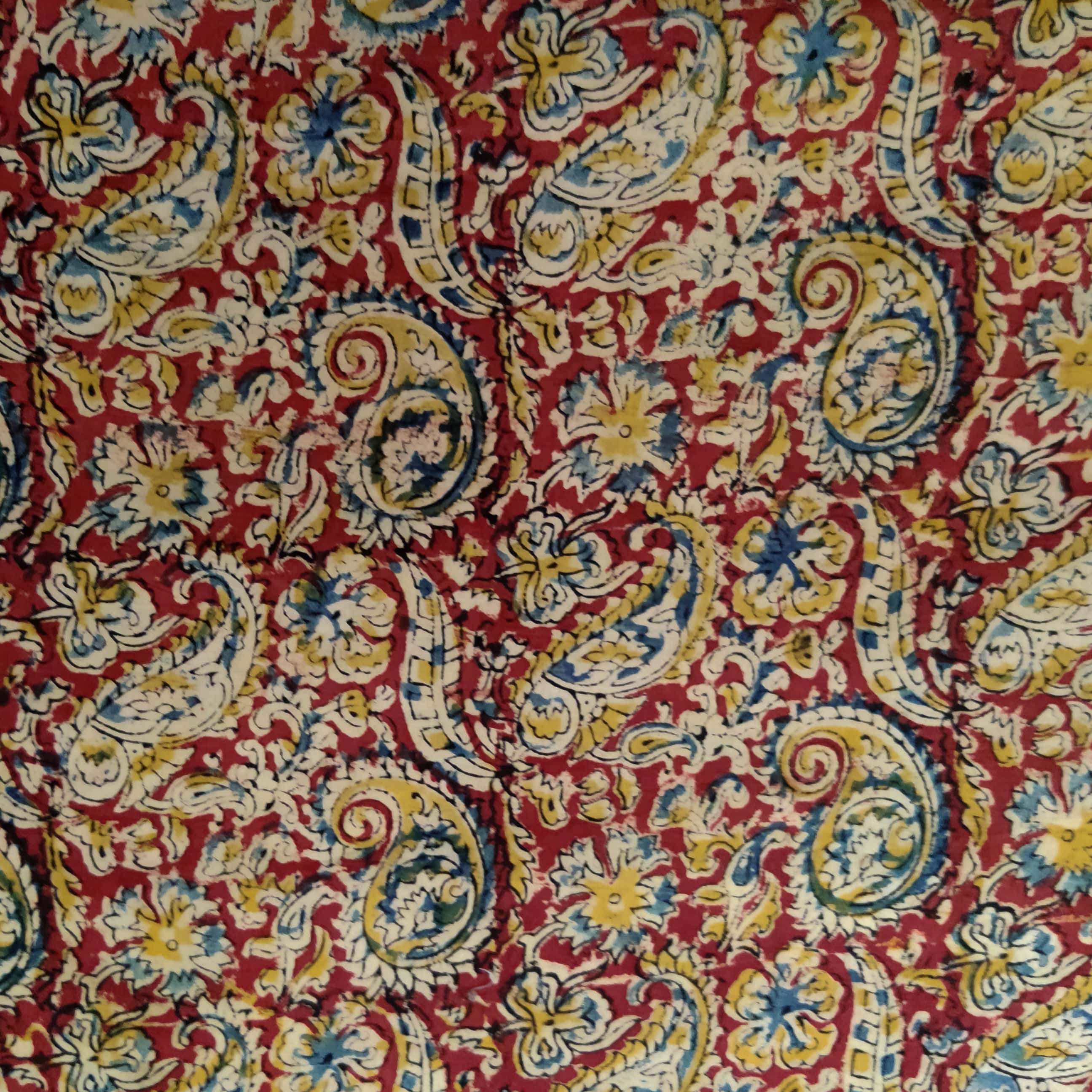 Pure Cotton Kalamkari Maroon With Mustard And Blue Kairi Jaal Hand Blo ...