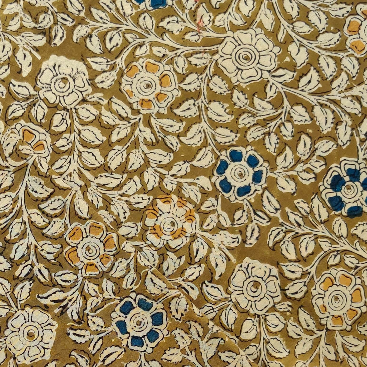 Pre cut 2 meter Pure Cotton Kalamkari Mehendi Green Mustard With Blue ...