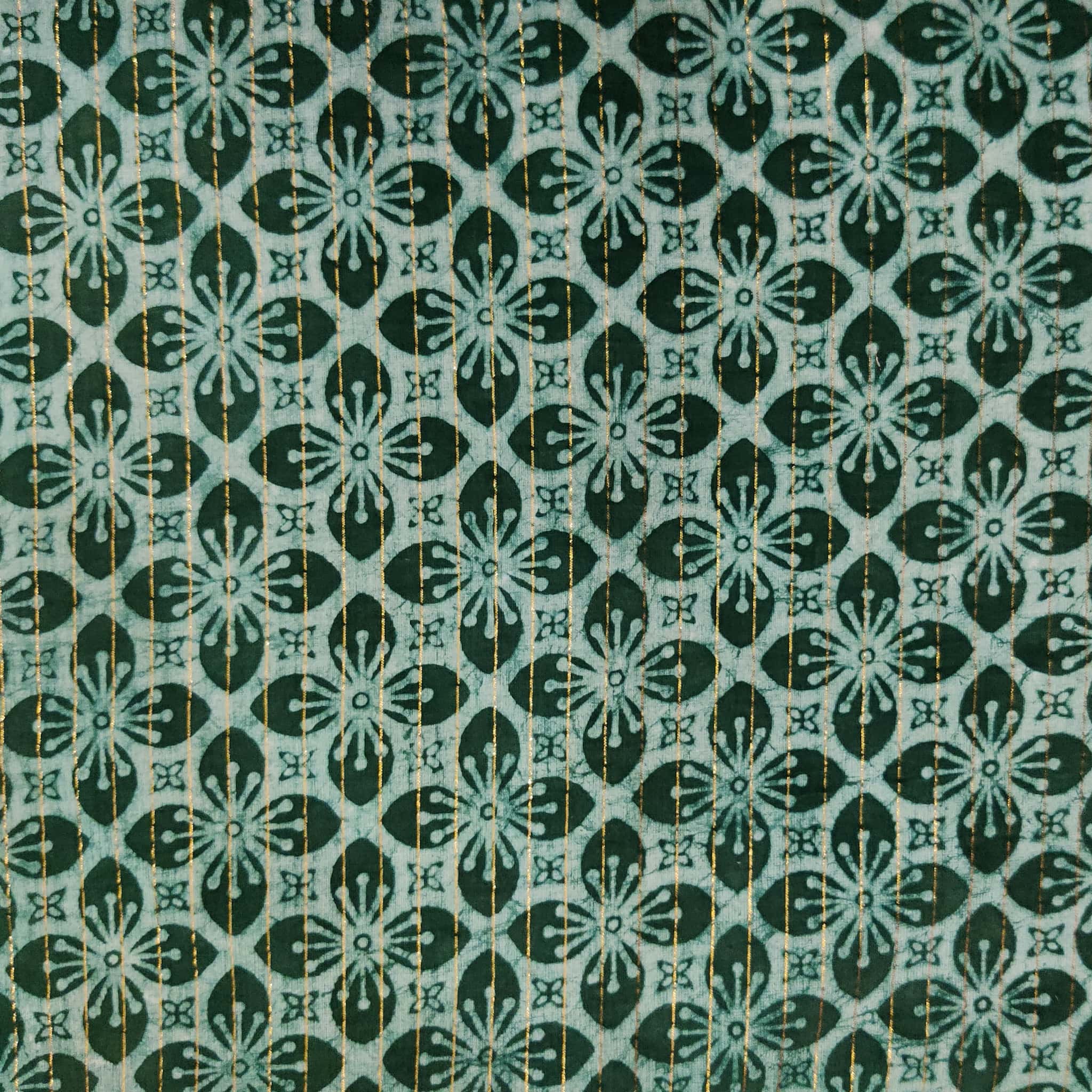 Pure Cotton Light Dabu Gold Lurex Kaatha With Dark Green Flower Hand B ...