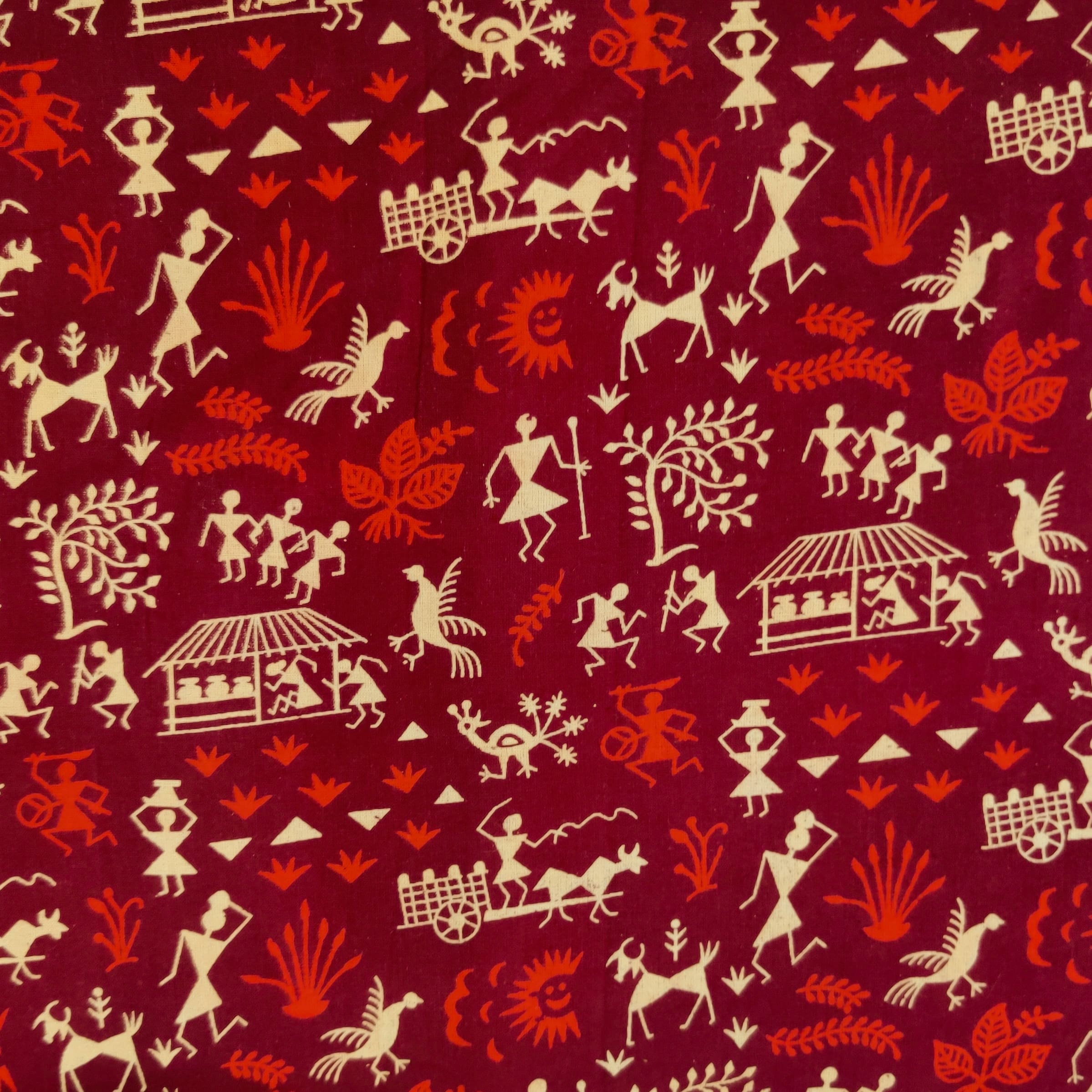 Pure Cotton Maroon Screen Print With Warli Village Screen Print Fabric ...