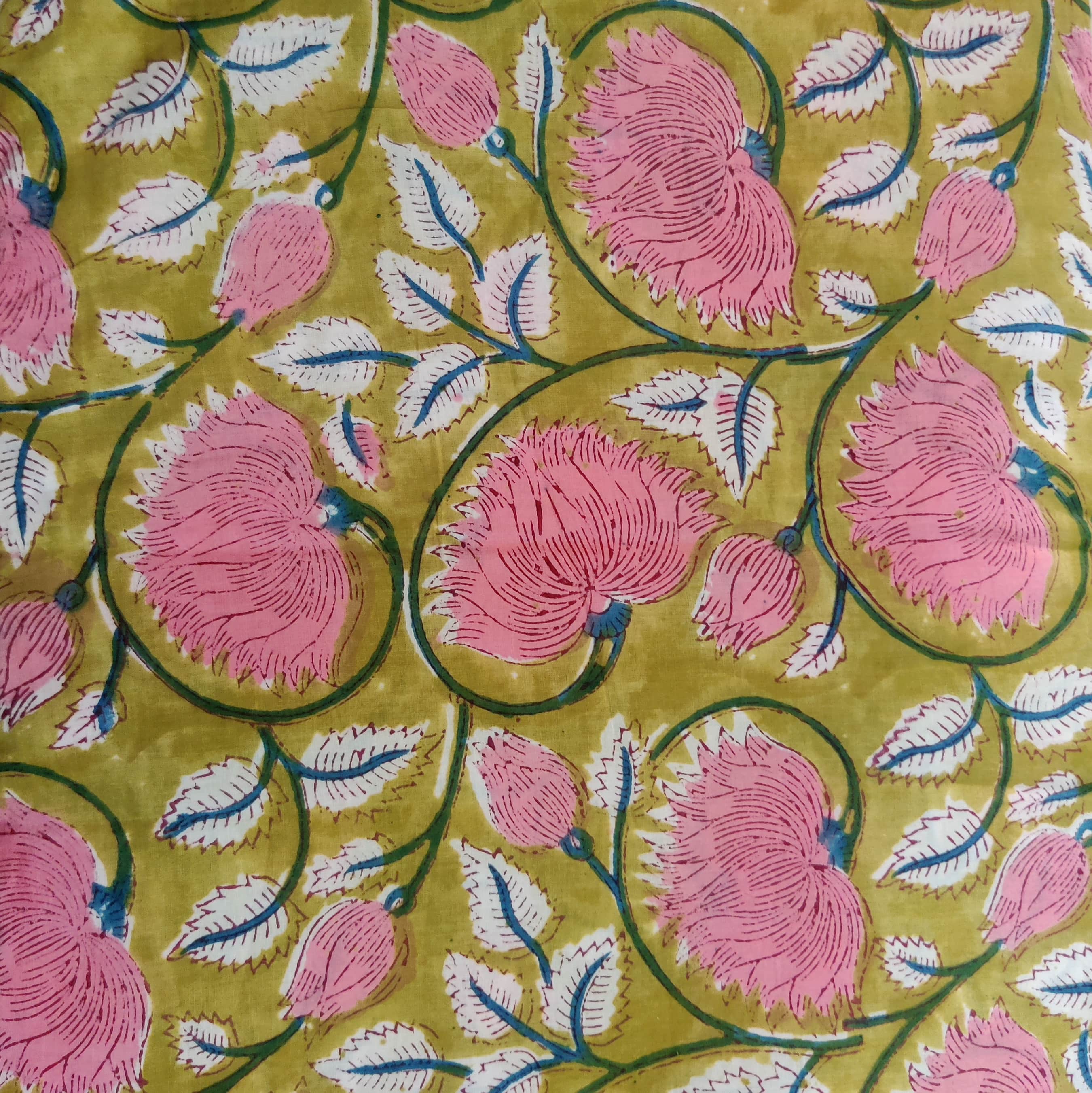 Pure Cotton Mehendi Green Jaipuri With Big Lotus Jaal Hand Block Print ...