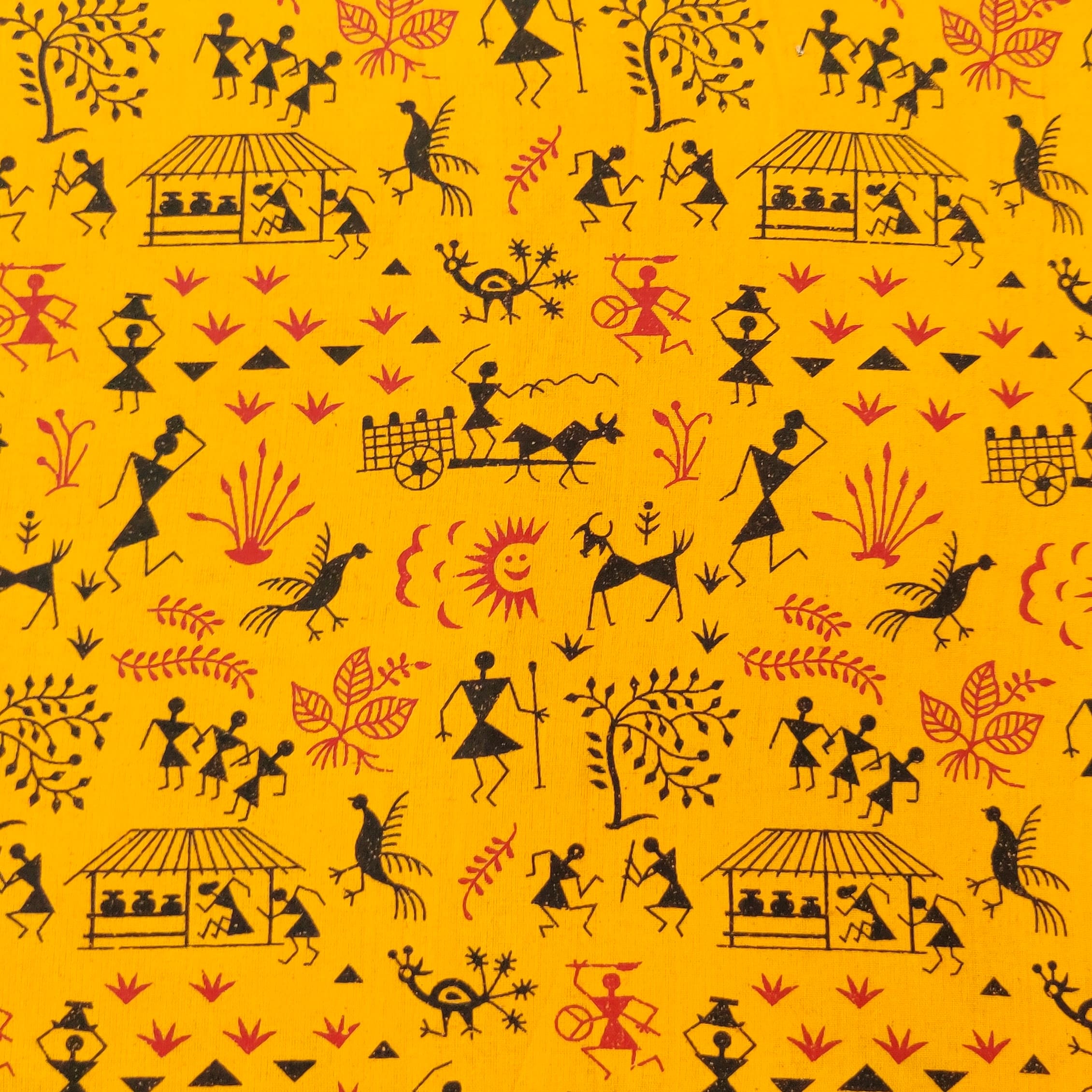 Pure Cotton Mustard Screen Print With Warli Village Screen Print Fabri ...