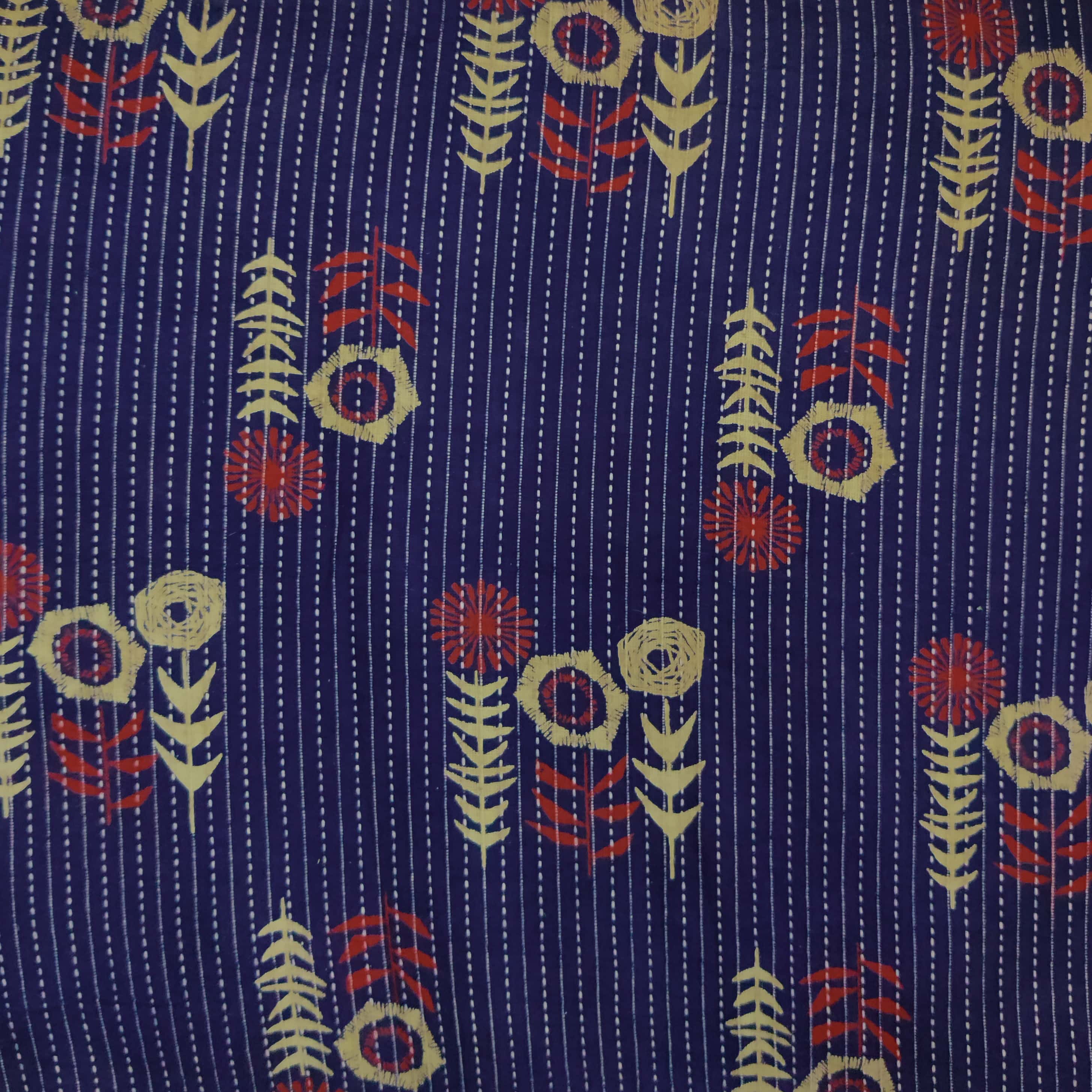 Pure Cotton Navy Blue Kaatha Dabu With Three Plants Hand Block Print F ...