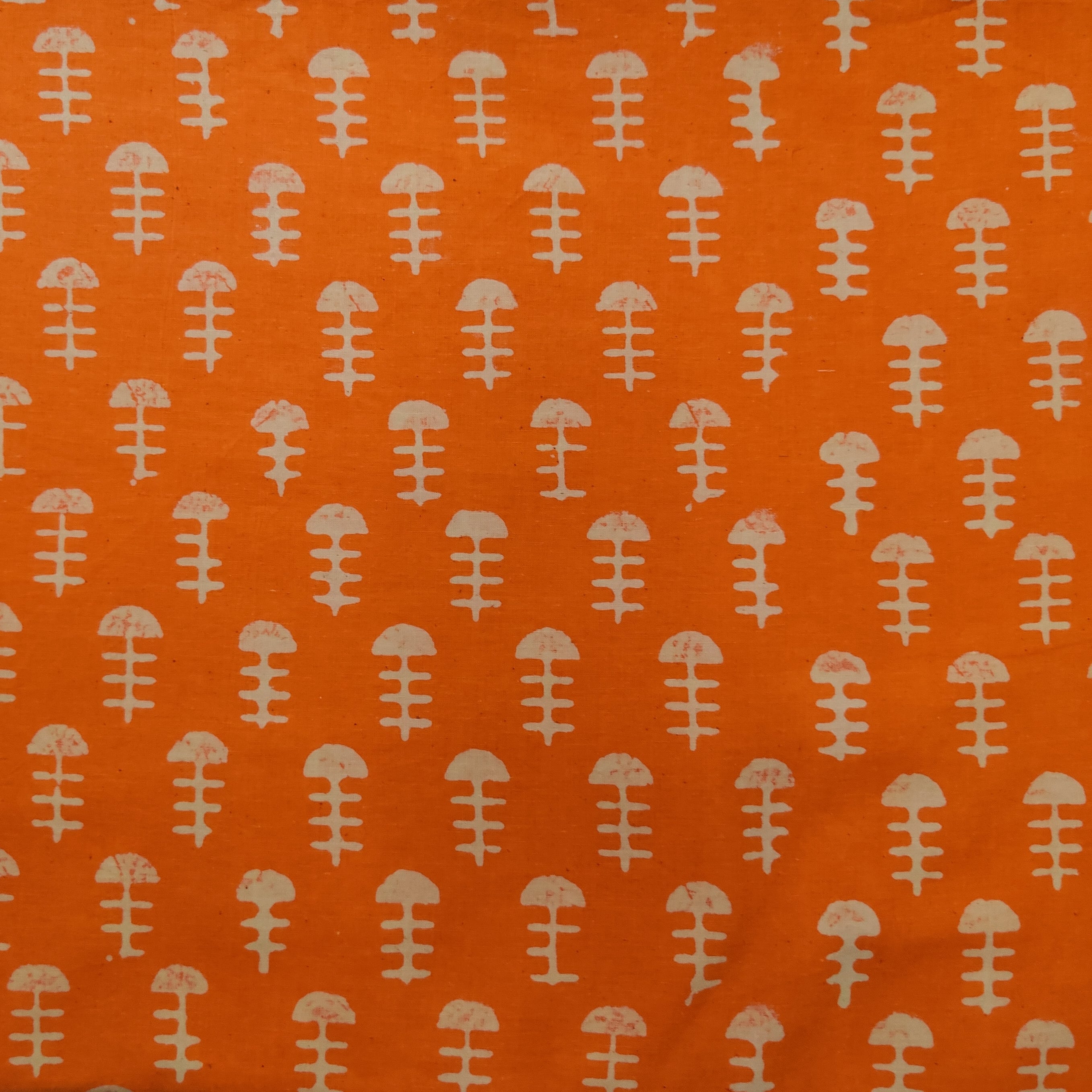 Pure Cotton Orange Discharge With Cream Fishbone Hand Block Print Fabr ...