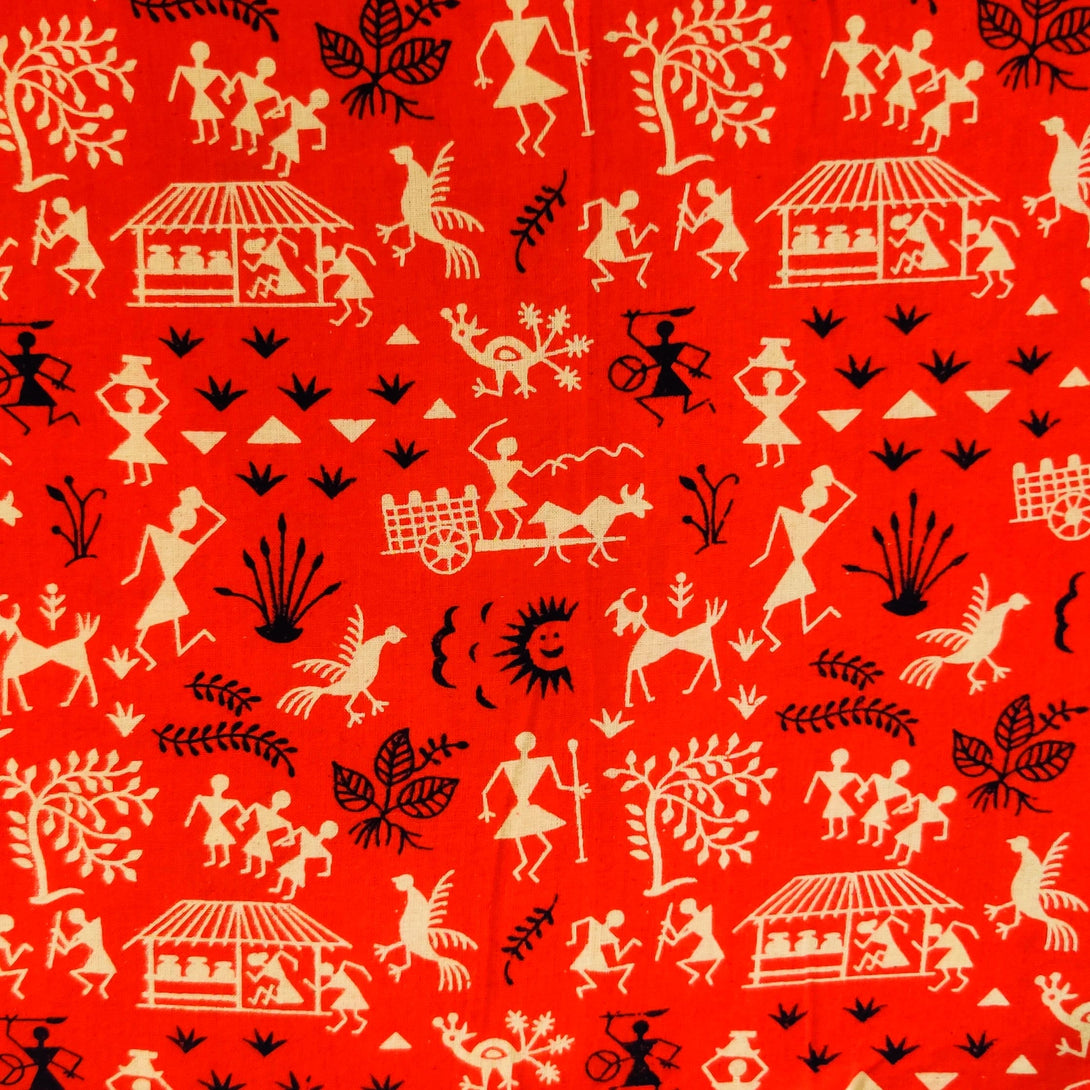 Pure Cotton Orange Screen Print With Warli Village Screen Print Fabric ...