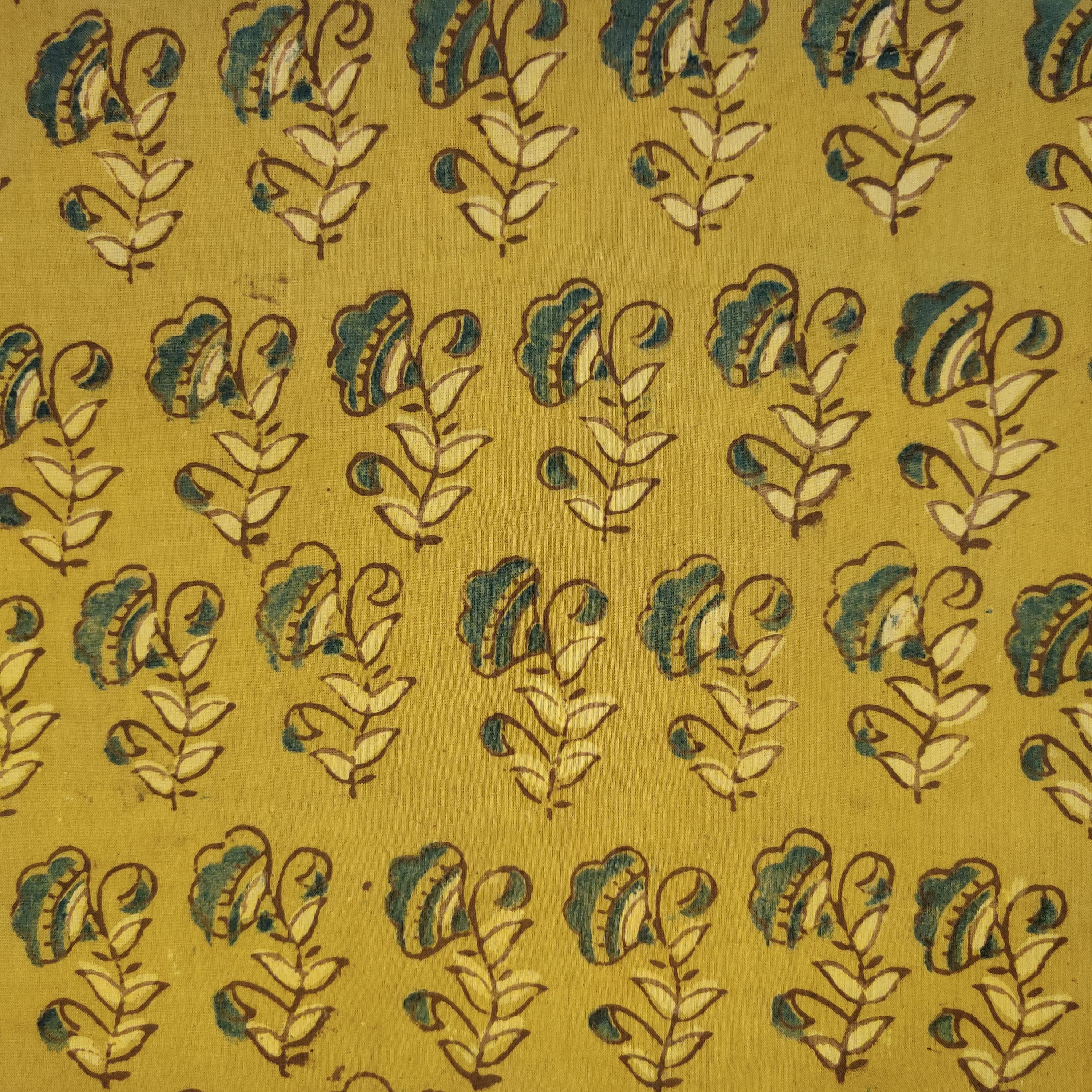 Pure Cotton Pastel Haldi With Green Flowers Hand Block Print Fabric ...