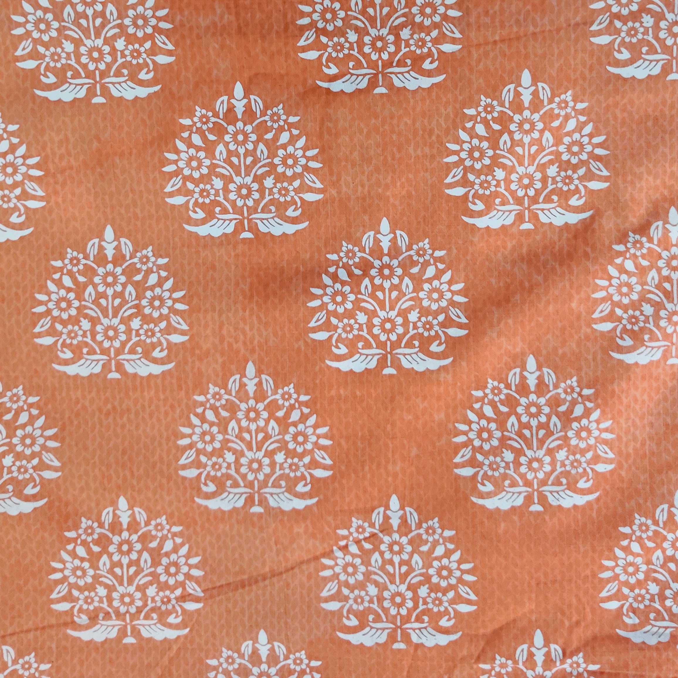 Pure Cotton Peach Screen Print With White Motifs Hand Block Print Fabr ...