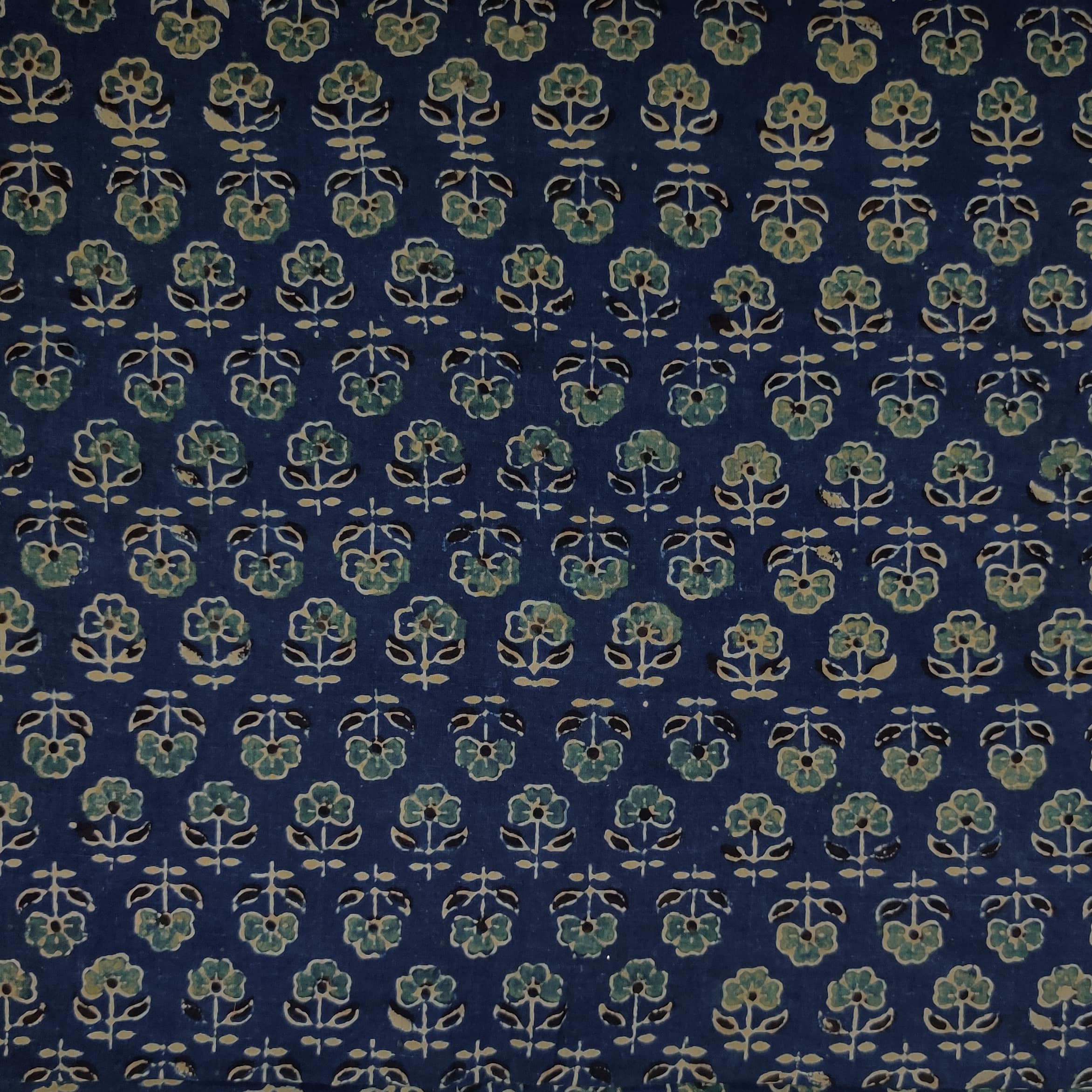 Pure Cotton Persian Blue With Tiny Green Flowers Hand Block Print Fabr ...