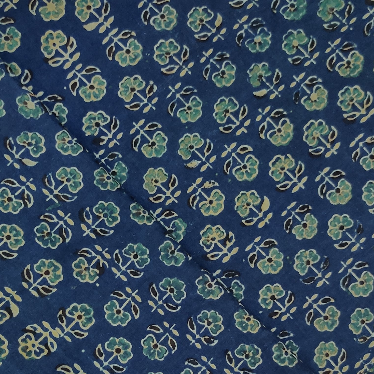 Pure Cotton Persian Blue With Tiny Green Flowers Hand Block Print Fabr ...