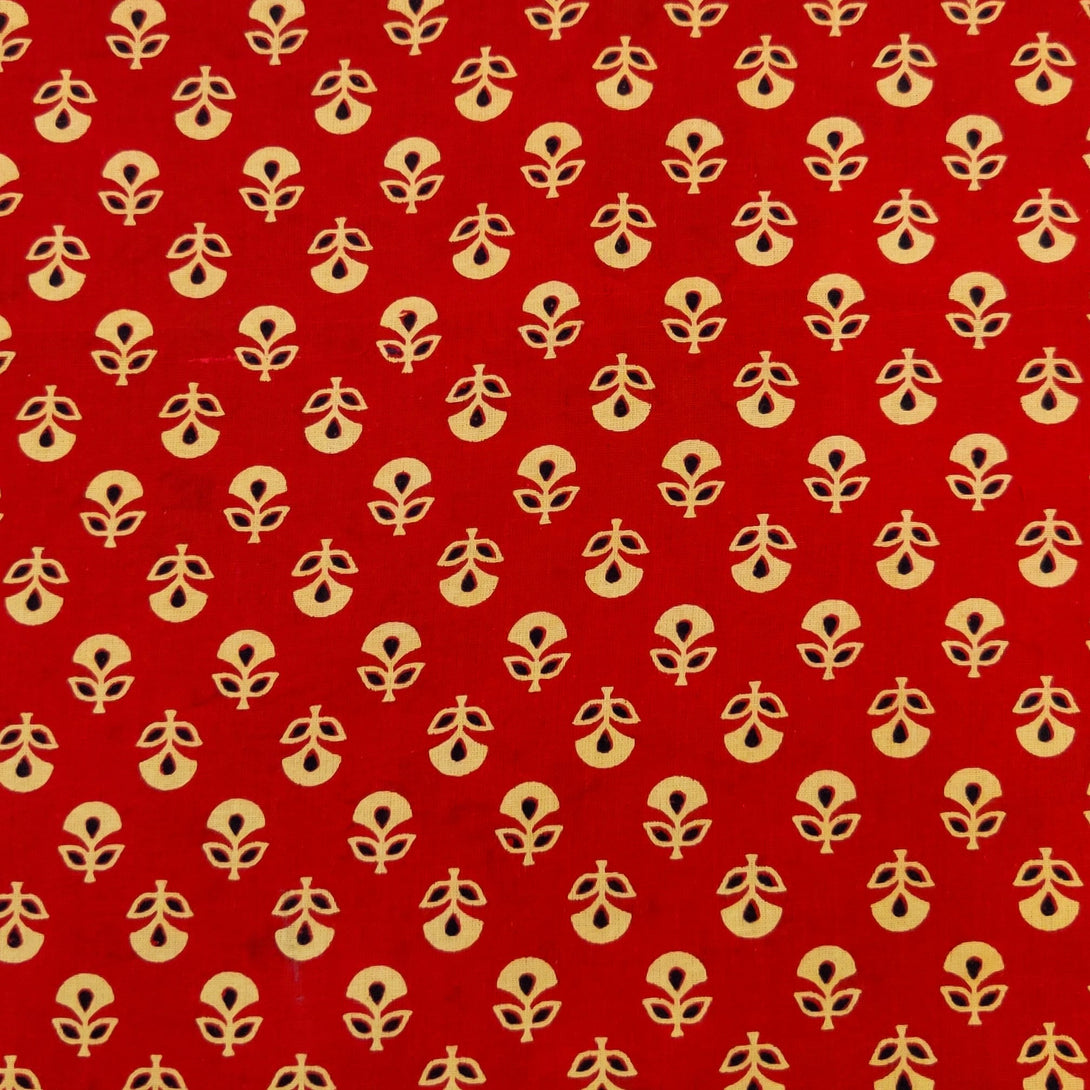 Pure Cotton Red Screen Print With Cream Tiny Motifs Screen Print Fabri ...