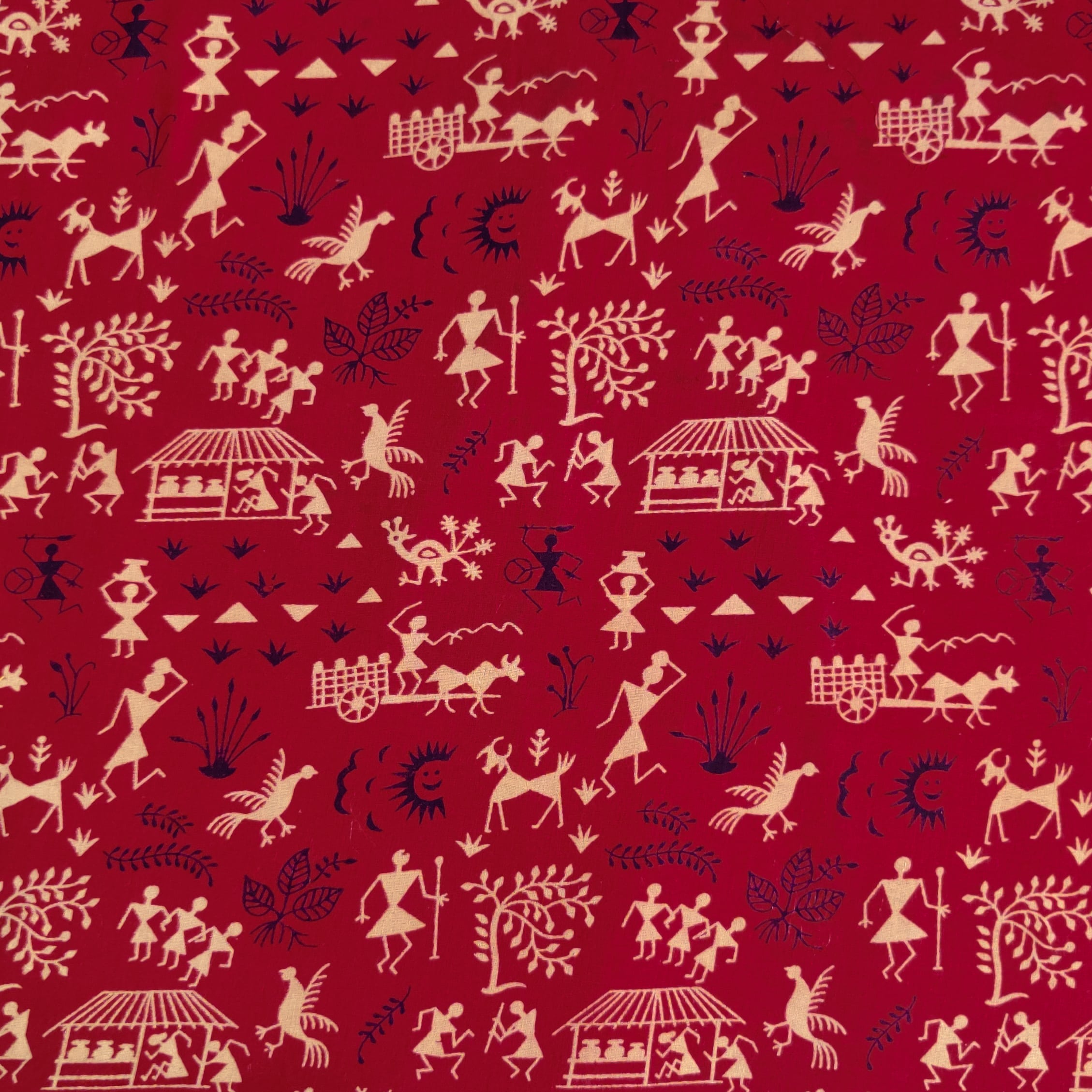 Pure Cotton Red Screen Print With Warli Village Screen Print Fabric ...